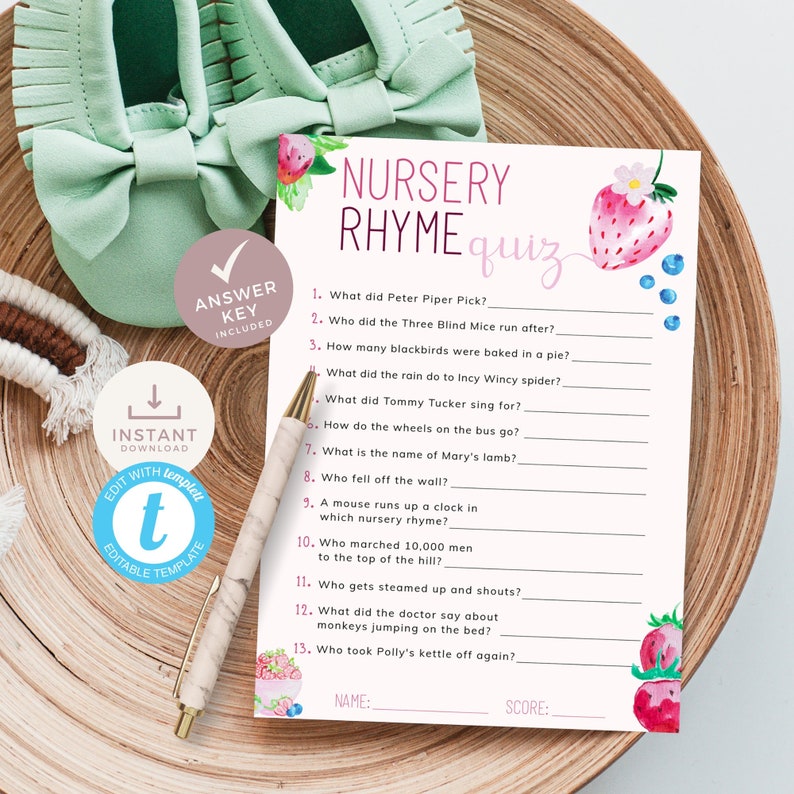 Strawberry Nursery Rhyme Quiz Baby Shower Game, Berry Sweet Baby Trivia ...