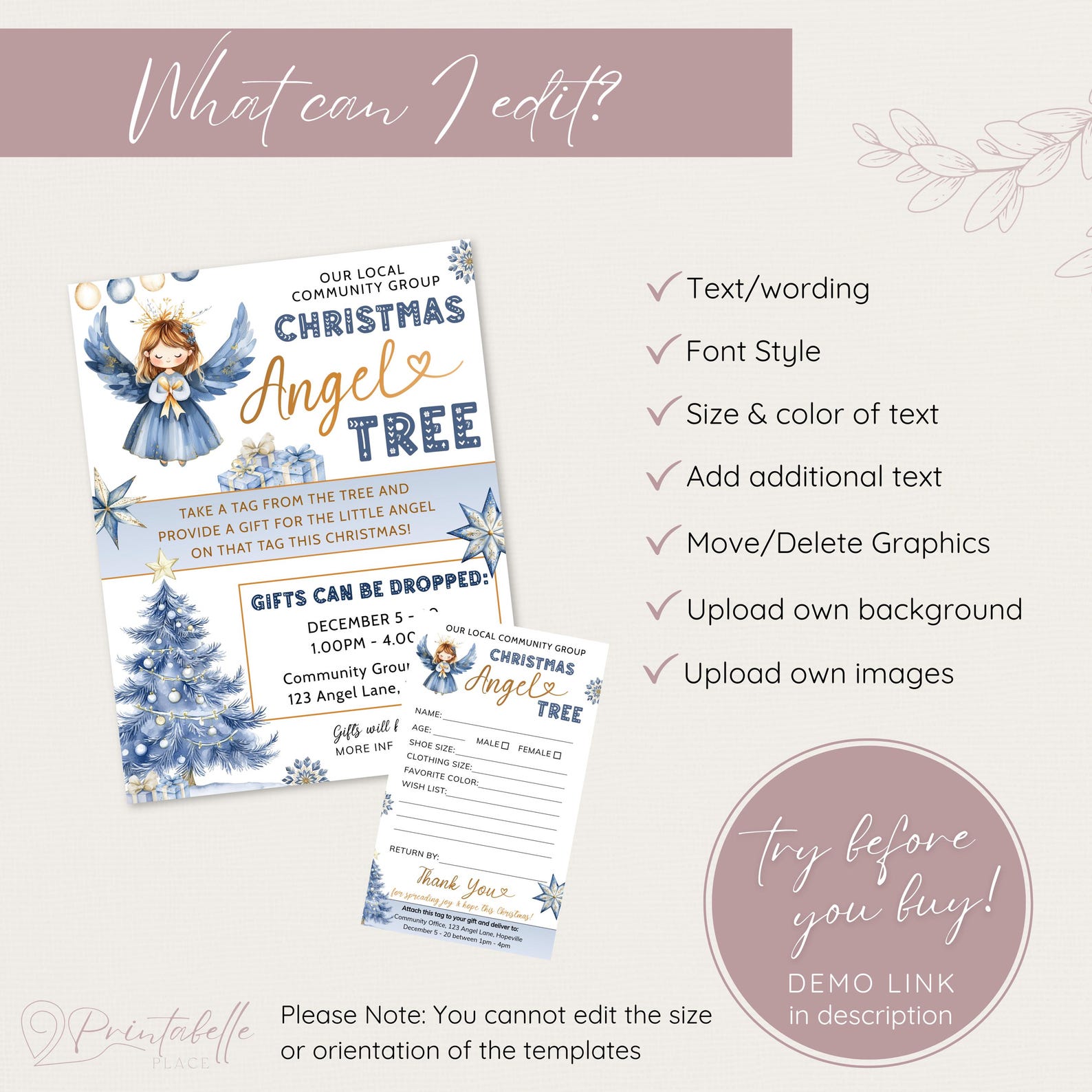 Christmas Angel Tree Flyer, Giving Tree Template, Blue Xmas Toy Drive ...
