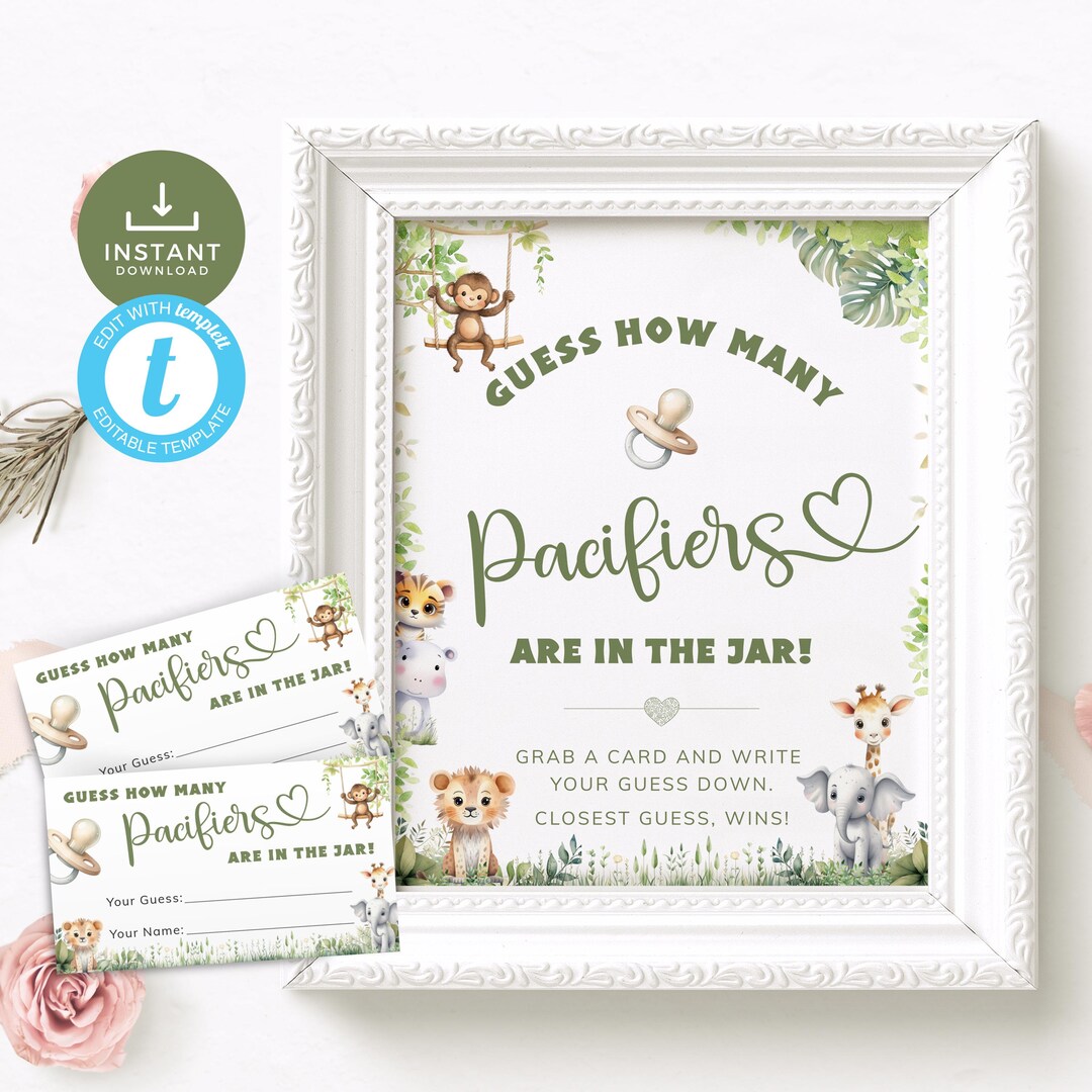 Guess How Many Pacifiers Game Sign and Card, Safari Theme Baby Shower ...