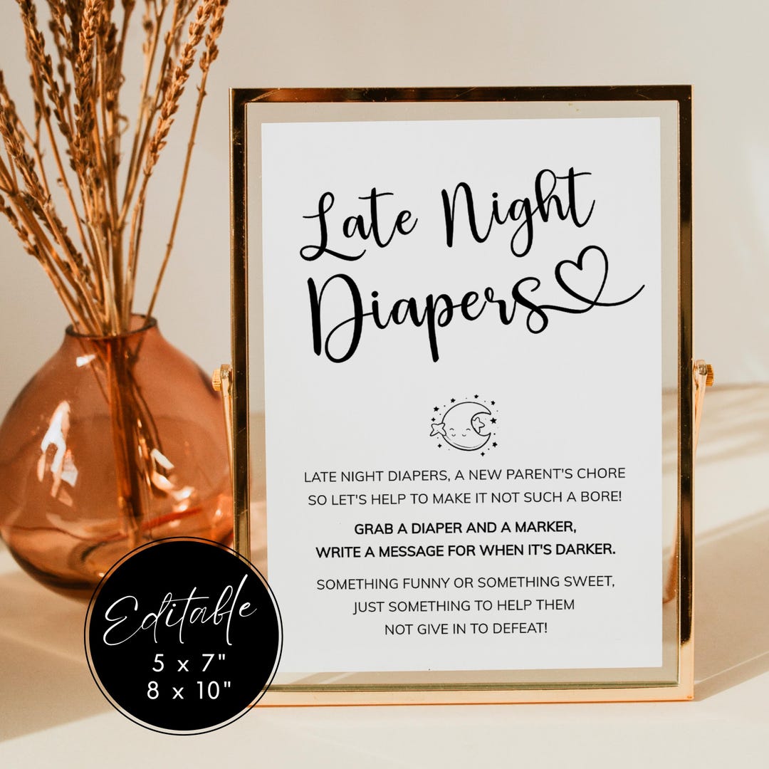 Late Night Diapers Sign, Modern Baby Shower Activity, Nappy Notes 5x7 ...