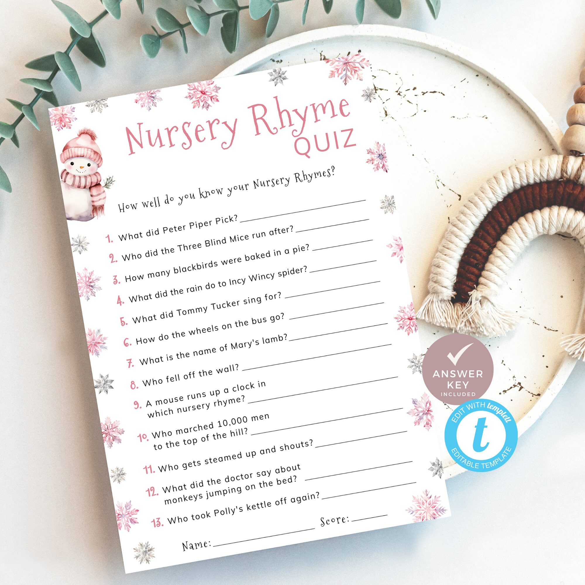 Nursery Rhyme Quiz Editable Template for Girl Pink Winter Wonderland ...