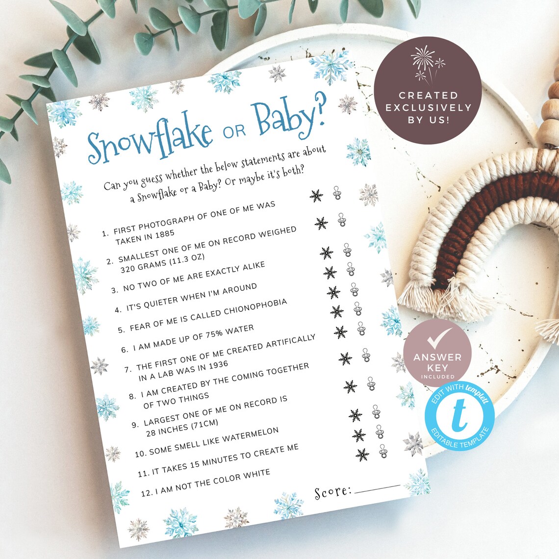 Snowflake or Baby Shower Game, Dusty Blue and Silver Trivia, Winter ...