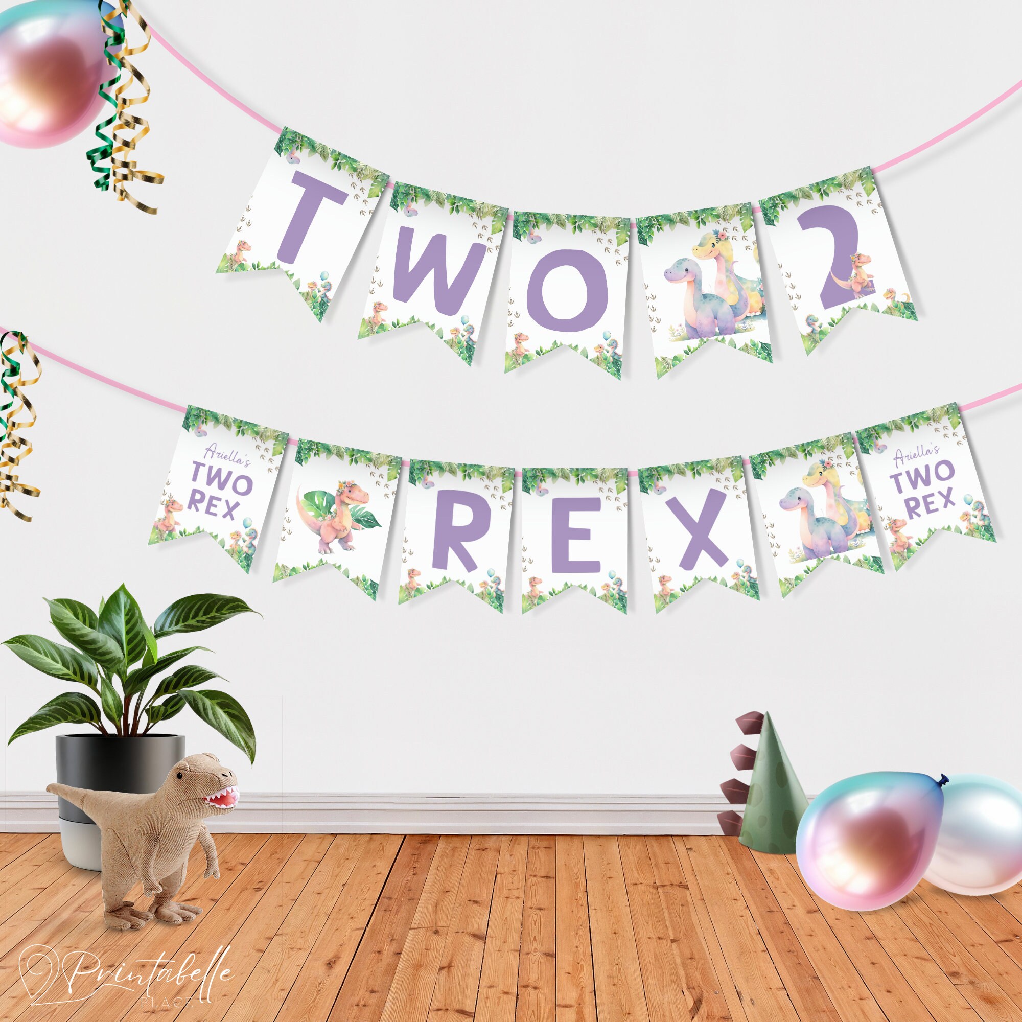 Two Rex Birthday Decorations Girl, Dinosaur Bunting Template, Pastel T ...