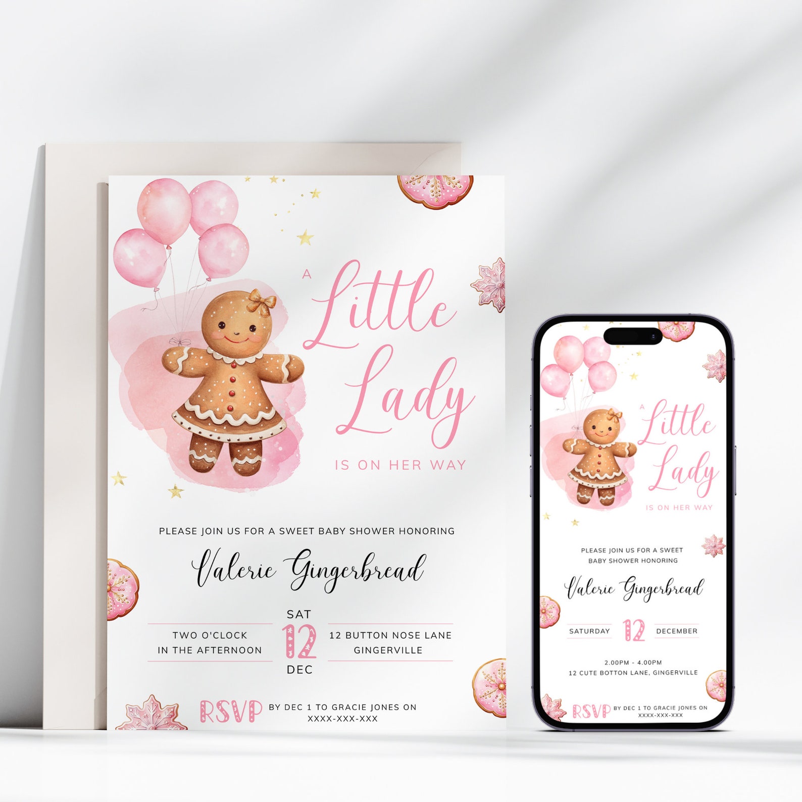 Pink Gingerbread Baby Shower Invitation, A Little Lady on Her Way ...