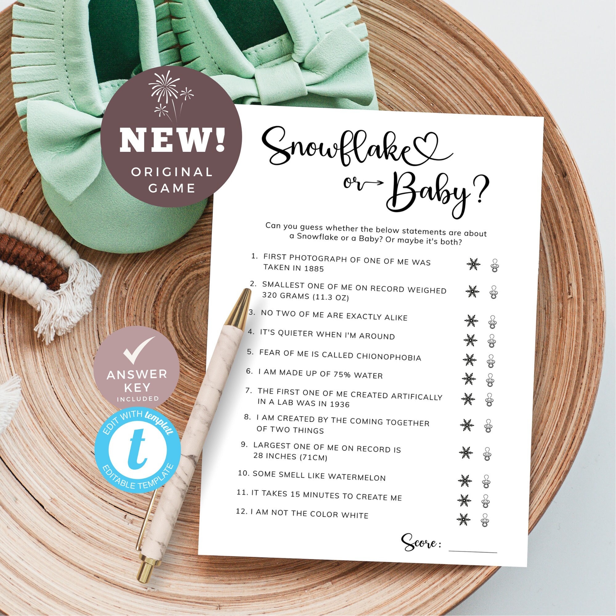 Snowflake or Baby Shower Game, Winter Themed Trivia, True or False ...