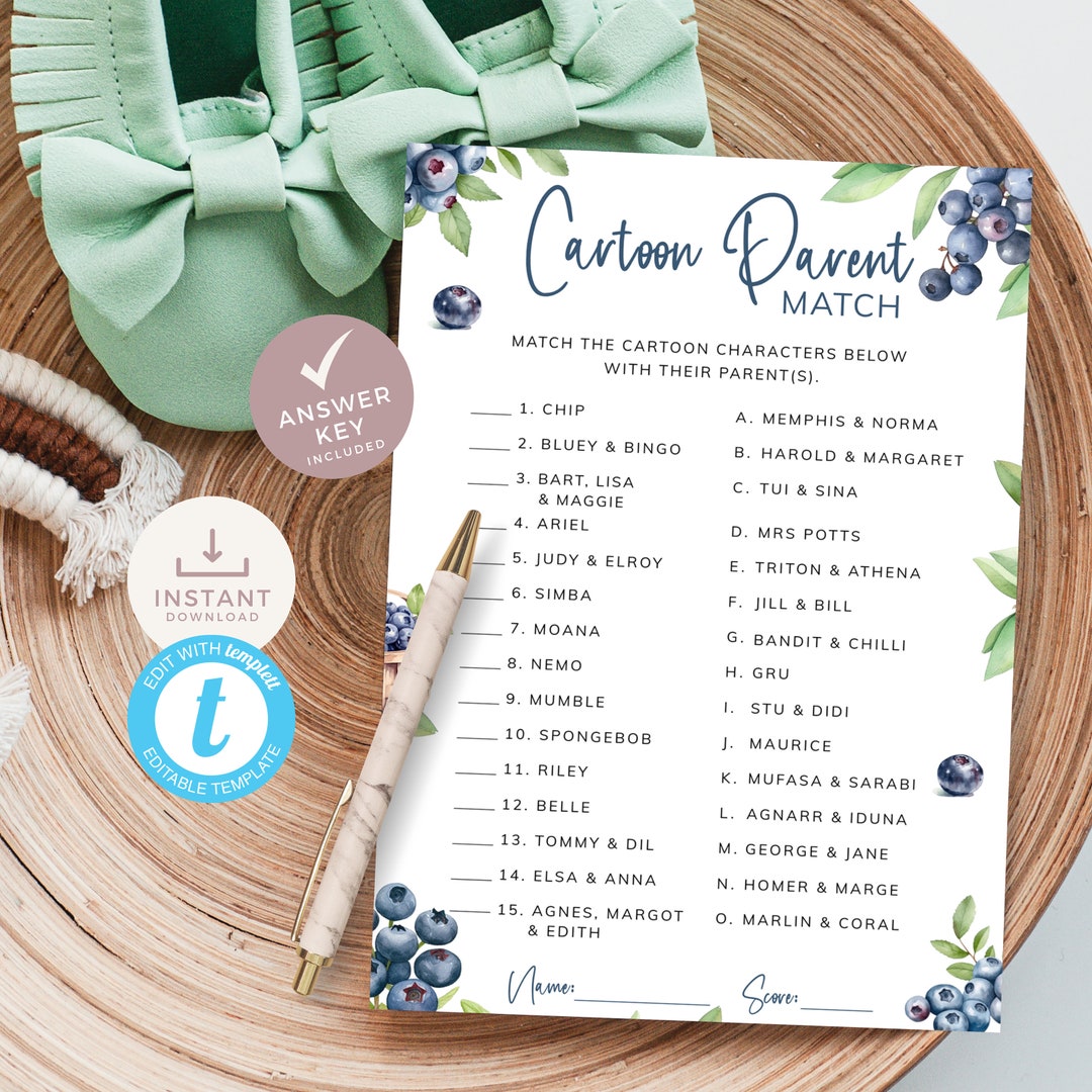 Blueberry Cartoon Parent Match, Berry Sweet Baby Shower Game, Guess the ...