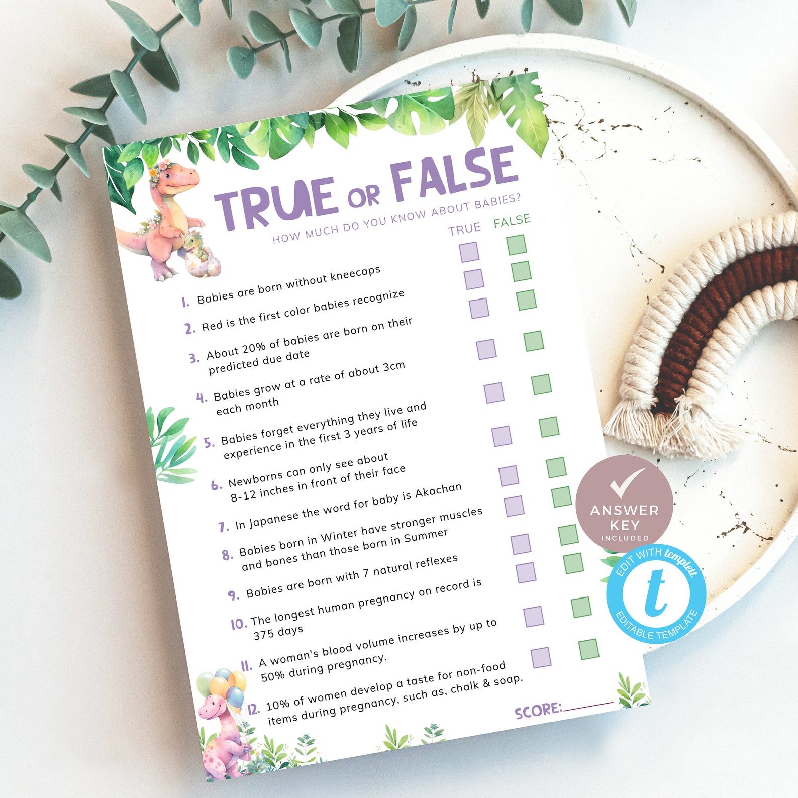 Dinosaur Baby Shower Game True or False, Pregasaurus Baby Trivia Quiz ...