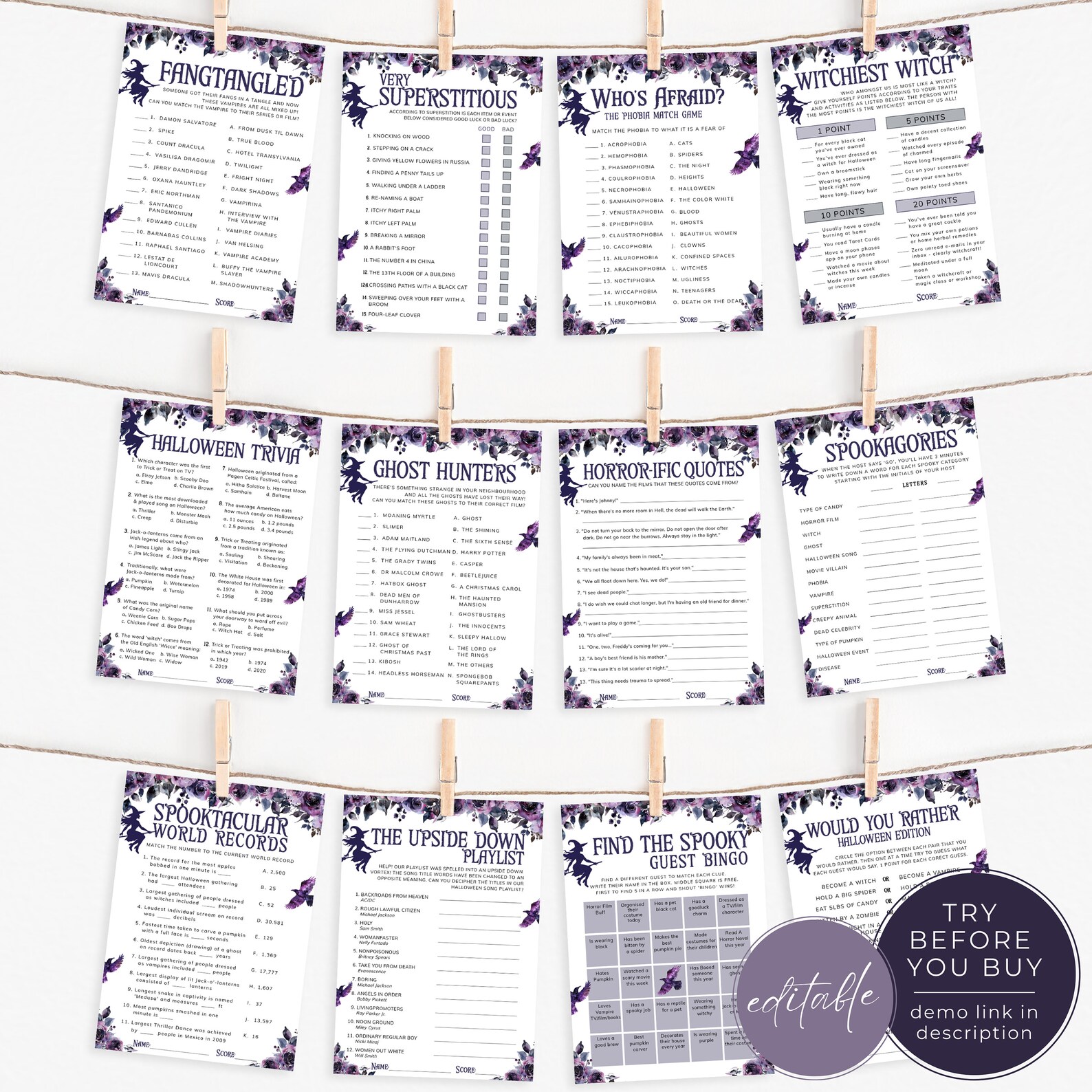 Halloween Party Games Bundle, Witchy Game Pack, Spooky Purple Gothic ...