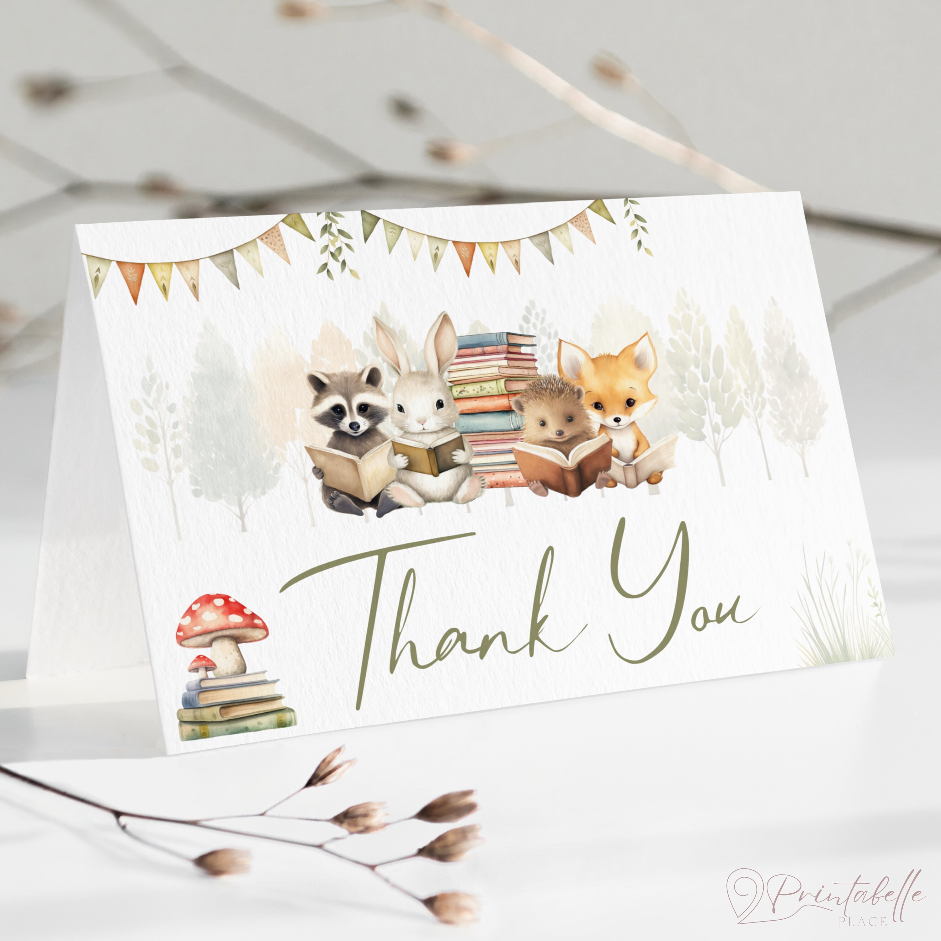 Storybook Themed Thank You Card Tent Fold, Woodland Animals in Forest ...