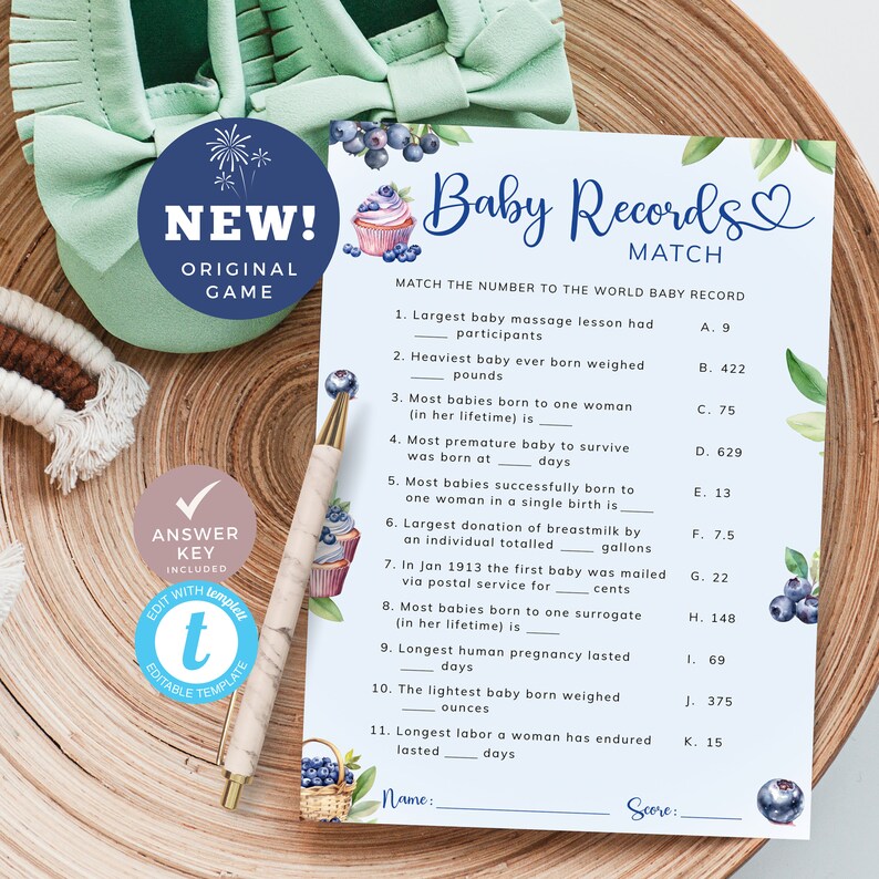 Blueberry Baby Shower Game, World Records Match, Berry Sweet Baby ...