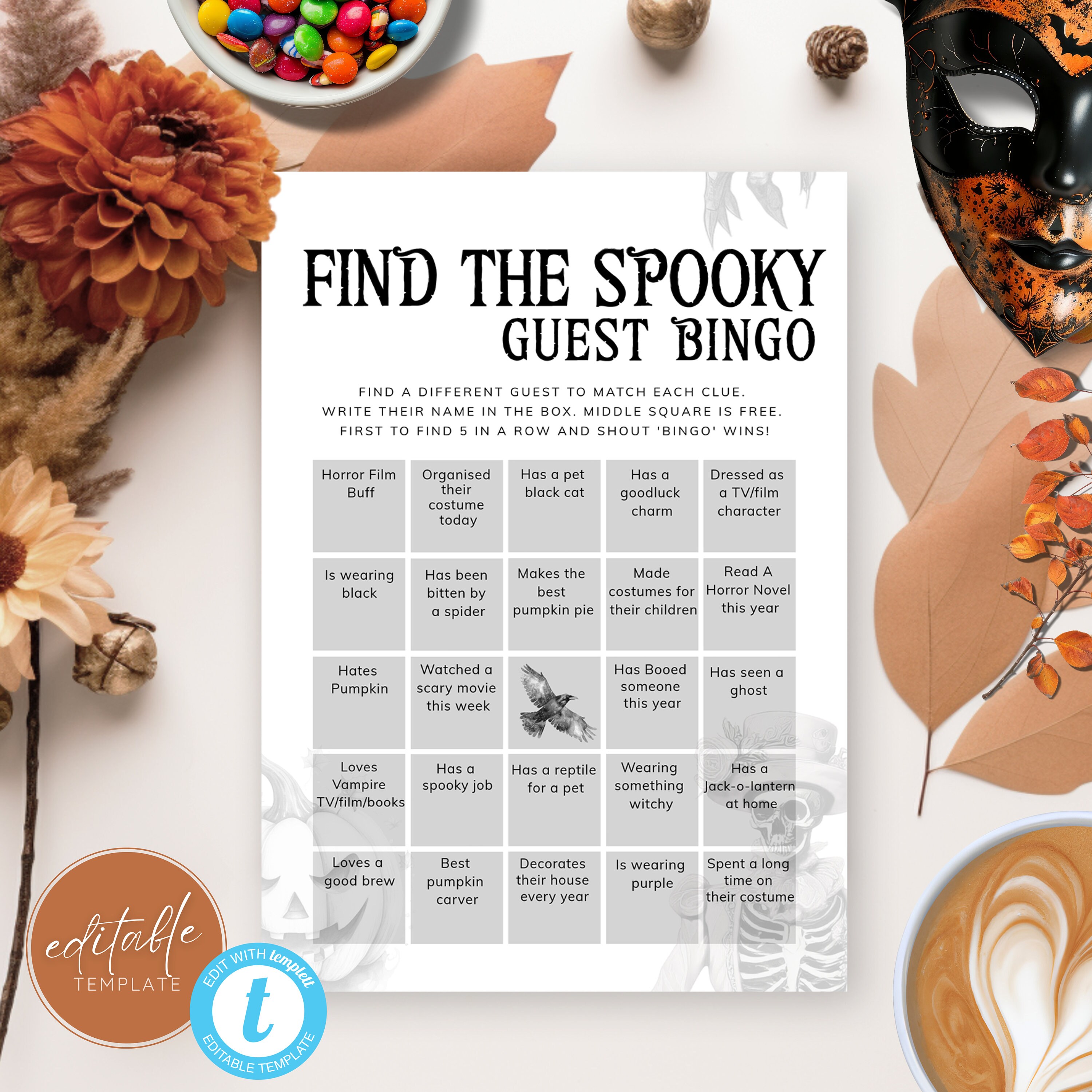 Halloween Find the Spooky Guest Bingo, Witchy People Bingo Game, Black ...