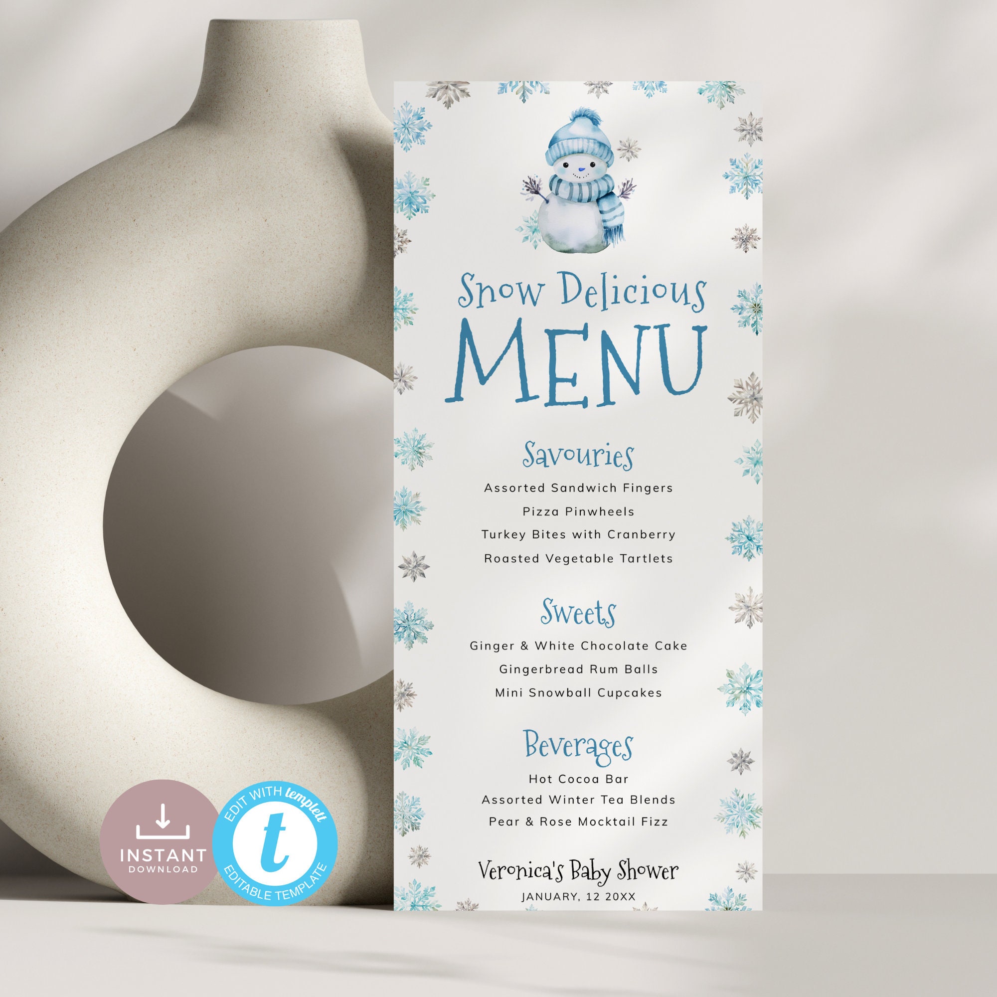 Winter Themed Menu Template, Dusty Blue Snowman Food List, Blue ...