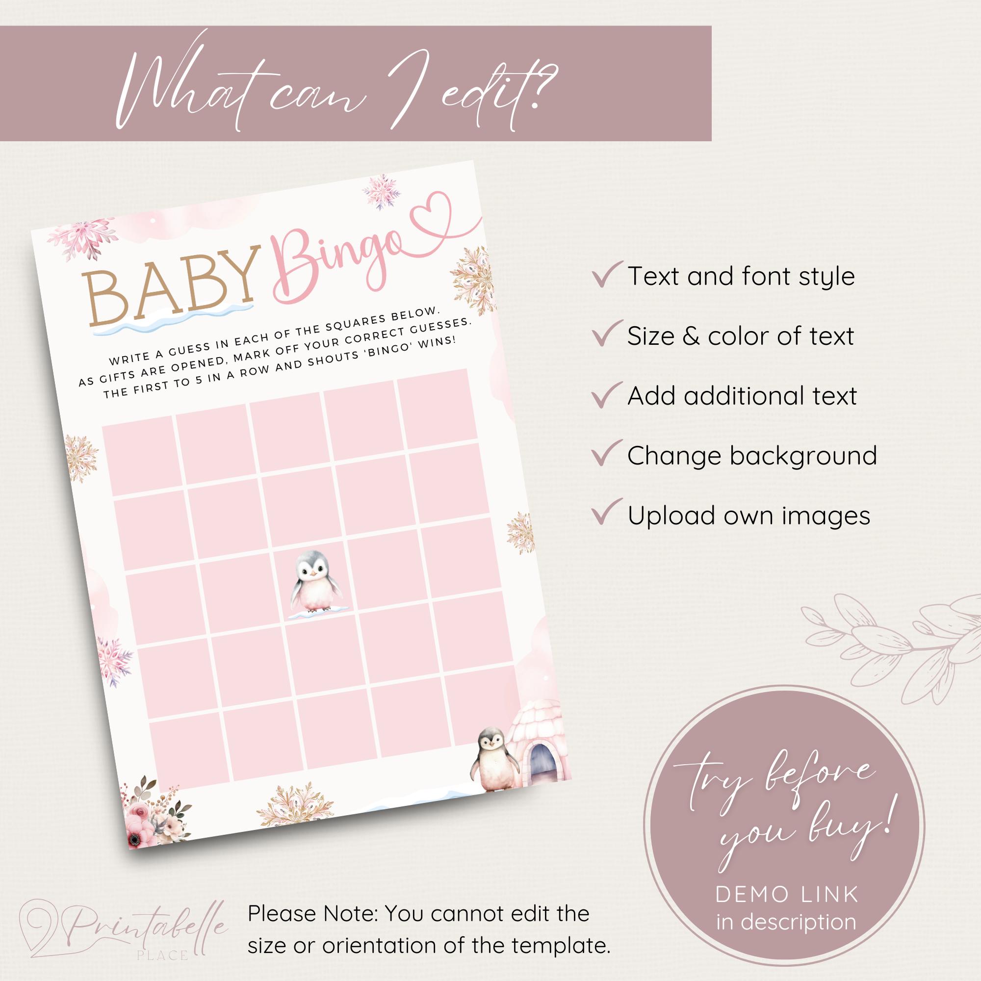Winter Baby Shower Bingo, Pink Snowflake Baby Bingo Blank, Penguin ...