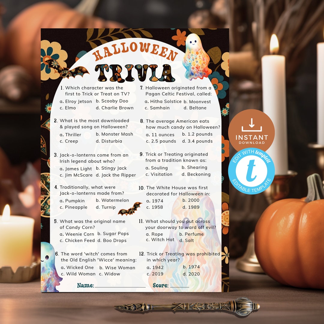 Retro Halloween Trivia Game Card, Answer Key Included, Groovy Ghosts ...