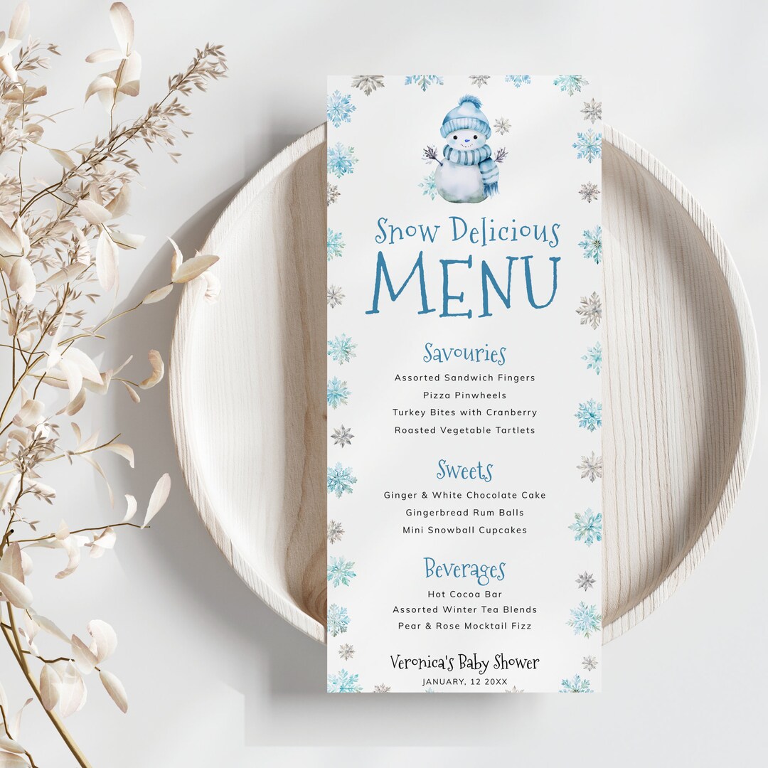 Winter Themed Menu Card Template, Dusty Blue Snowman and Snowflakes ...