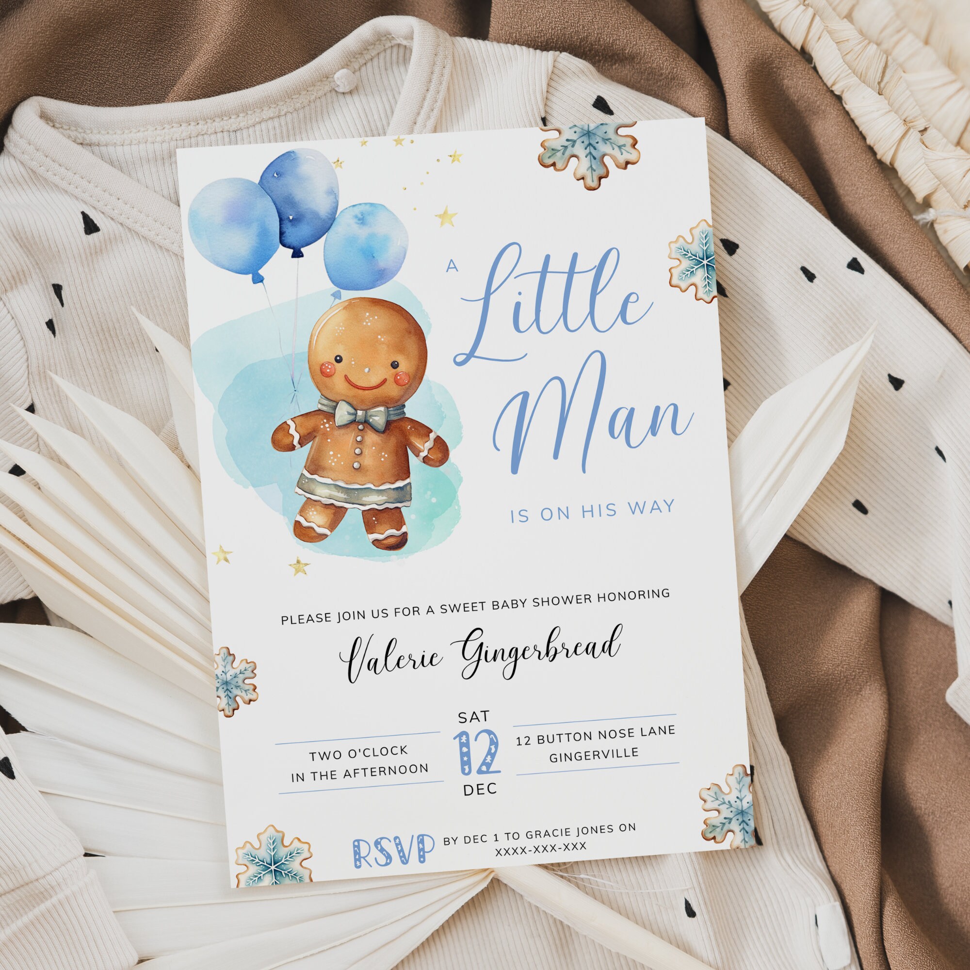 Gingerbread Man Baby Shower Invitation in Blue for a Little - Etsy