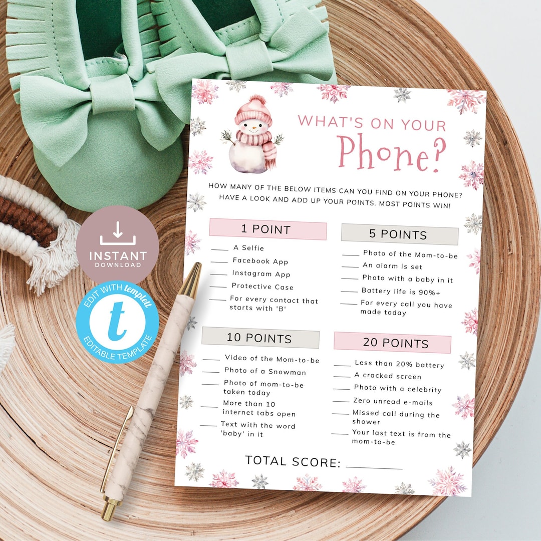 What's on Your Phone Baby Shower Game, Pink Winter Wonderland ...