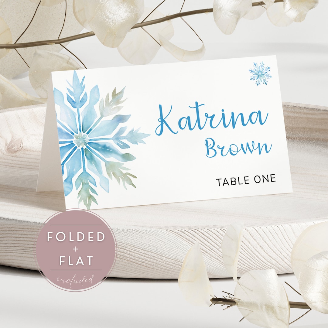 Snowflake Place Card Template for Elegant Blue Winter Themed Table ...