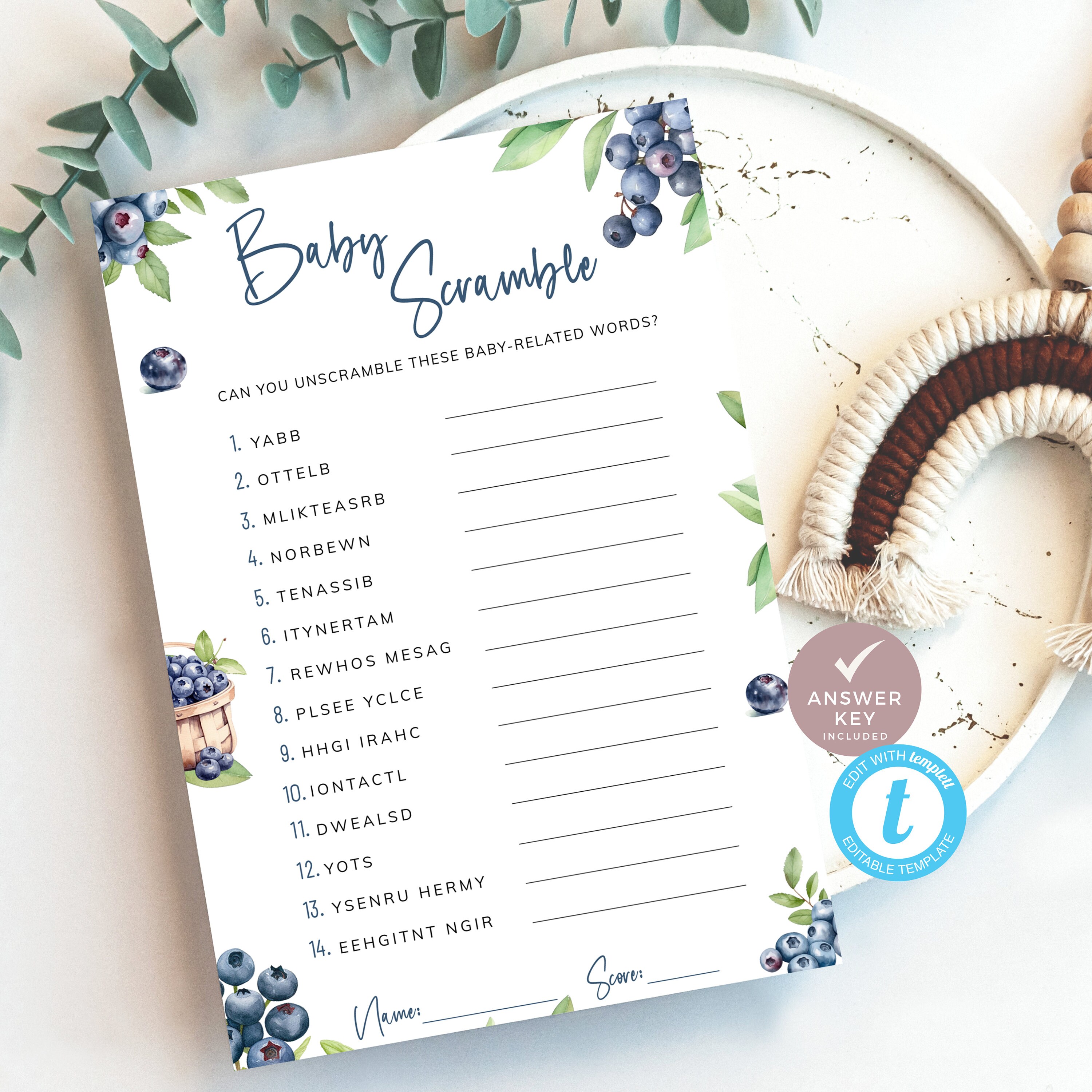 Blueberry Baby Scramble Card Template, Berry Sweet Baby Shower Game ...