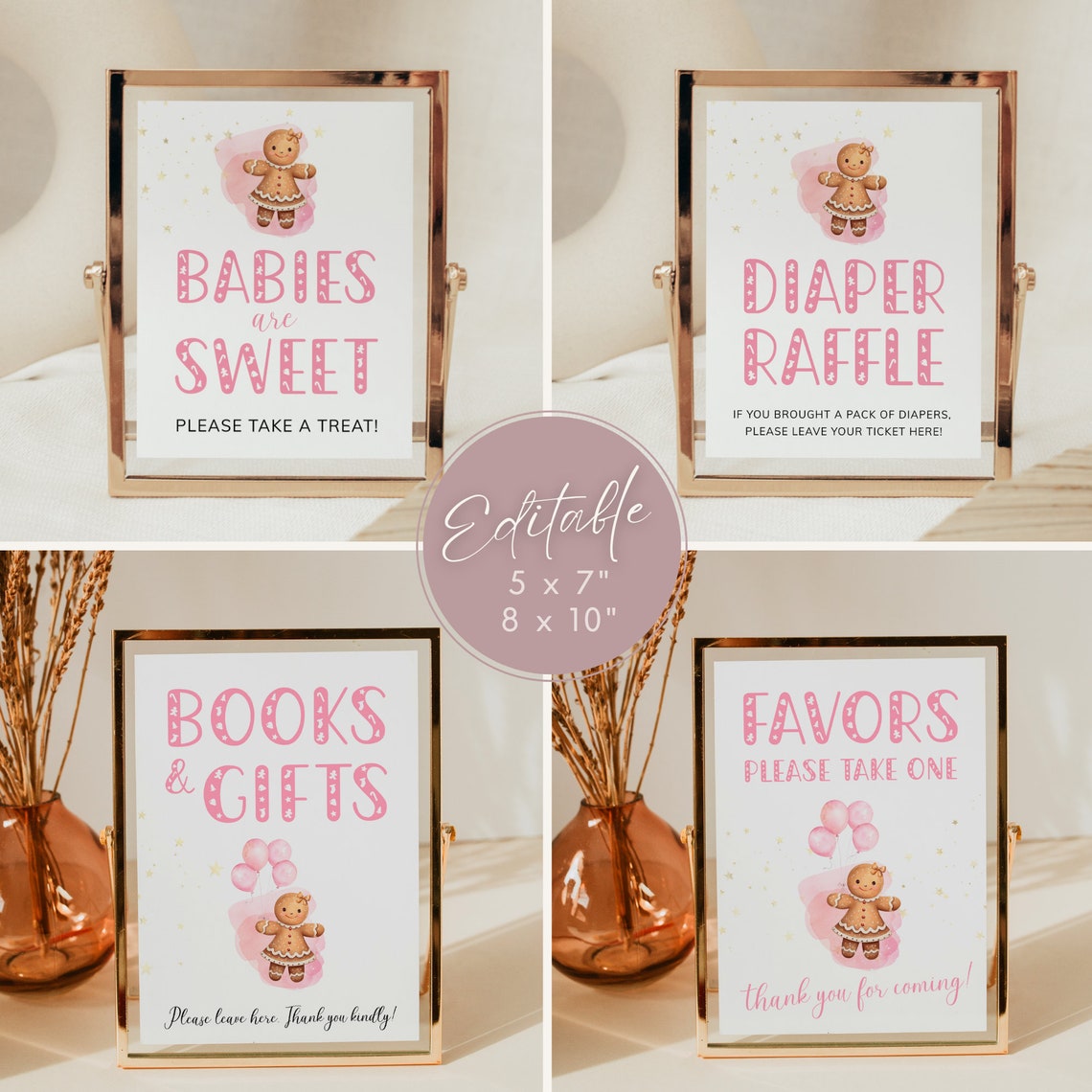 Pink Gingerbread Baby Shower Sign Bundle, A Little Lady Table Signage ...