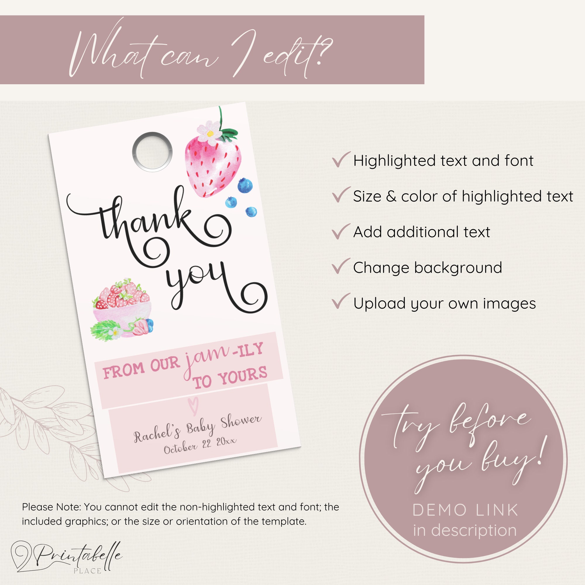 Strawberry Jam Favor Tag: Berry Sweet Thank You Label (editable ...