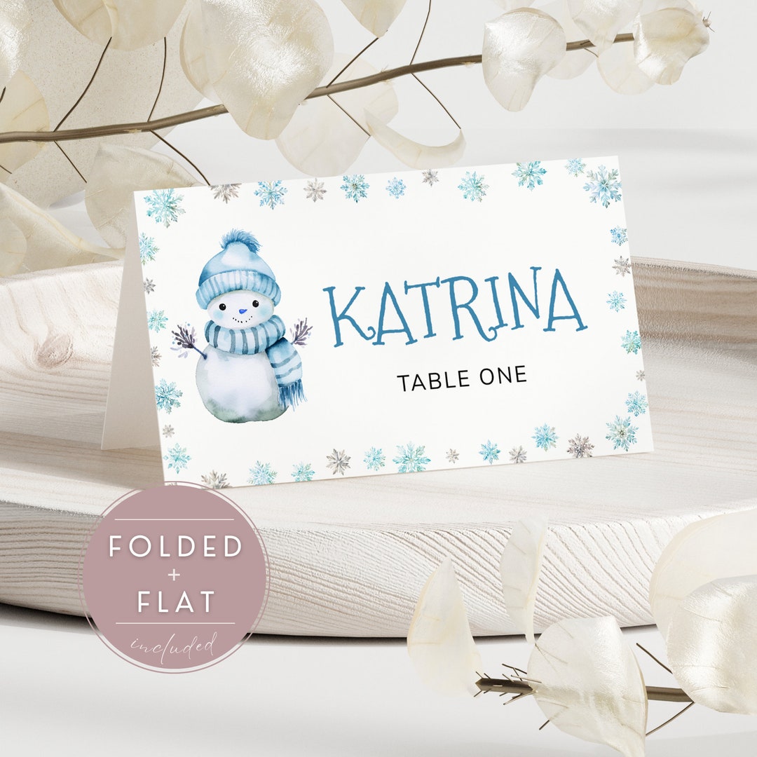 Winter Place Card Template Featuring Adorable Dusty Blue Snowman and ...