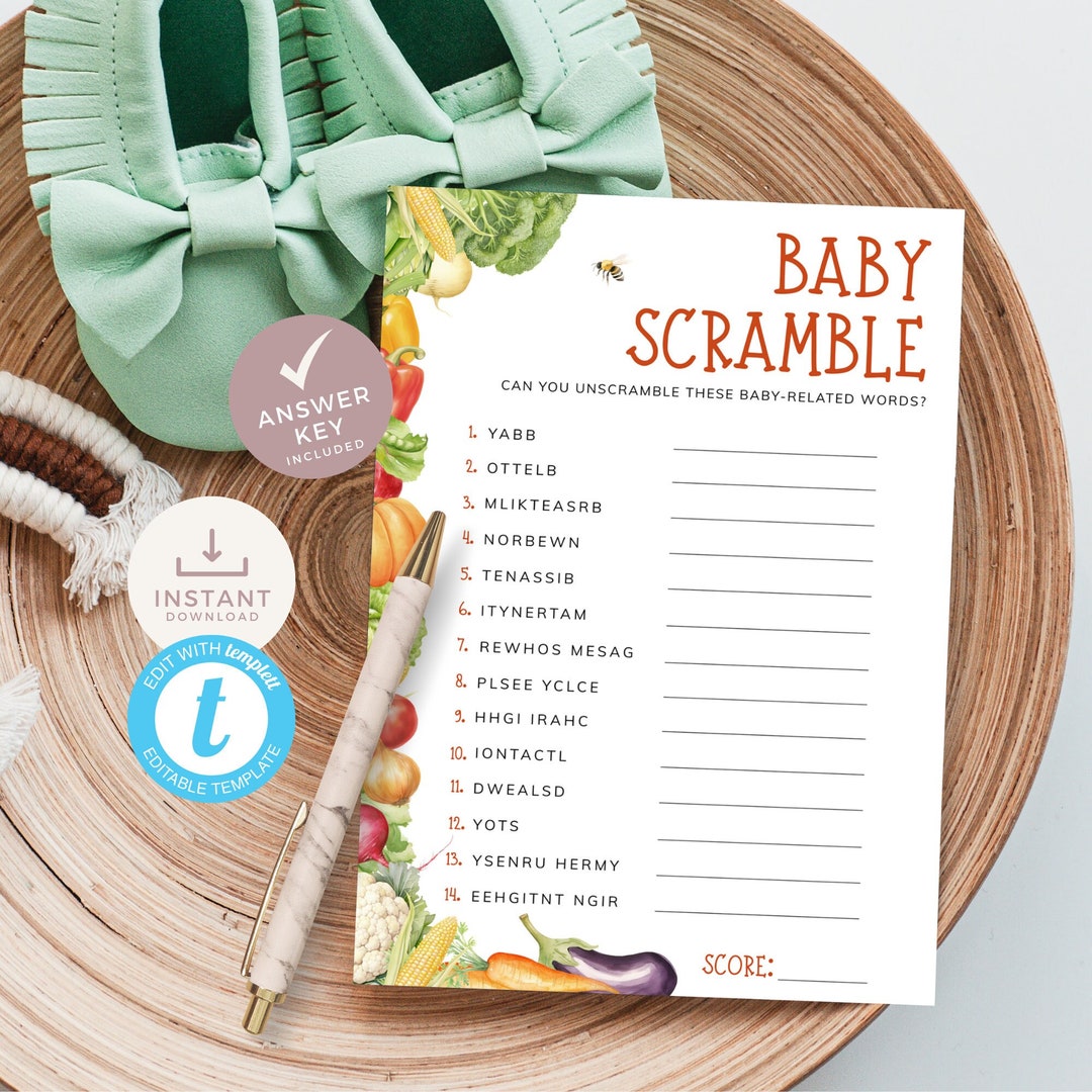 Locally Grown Baby Shower Word Scramble Answer Key, Bright Color ...