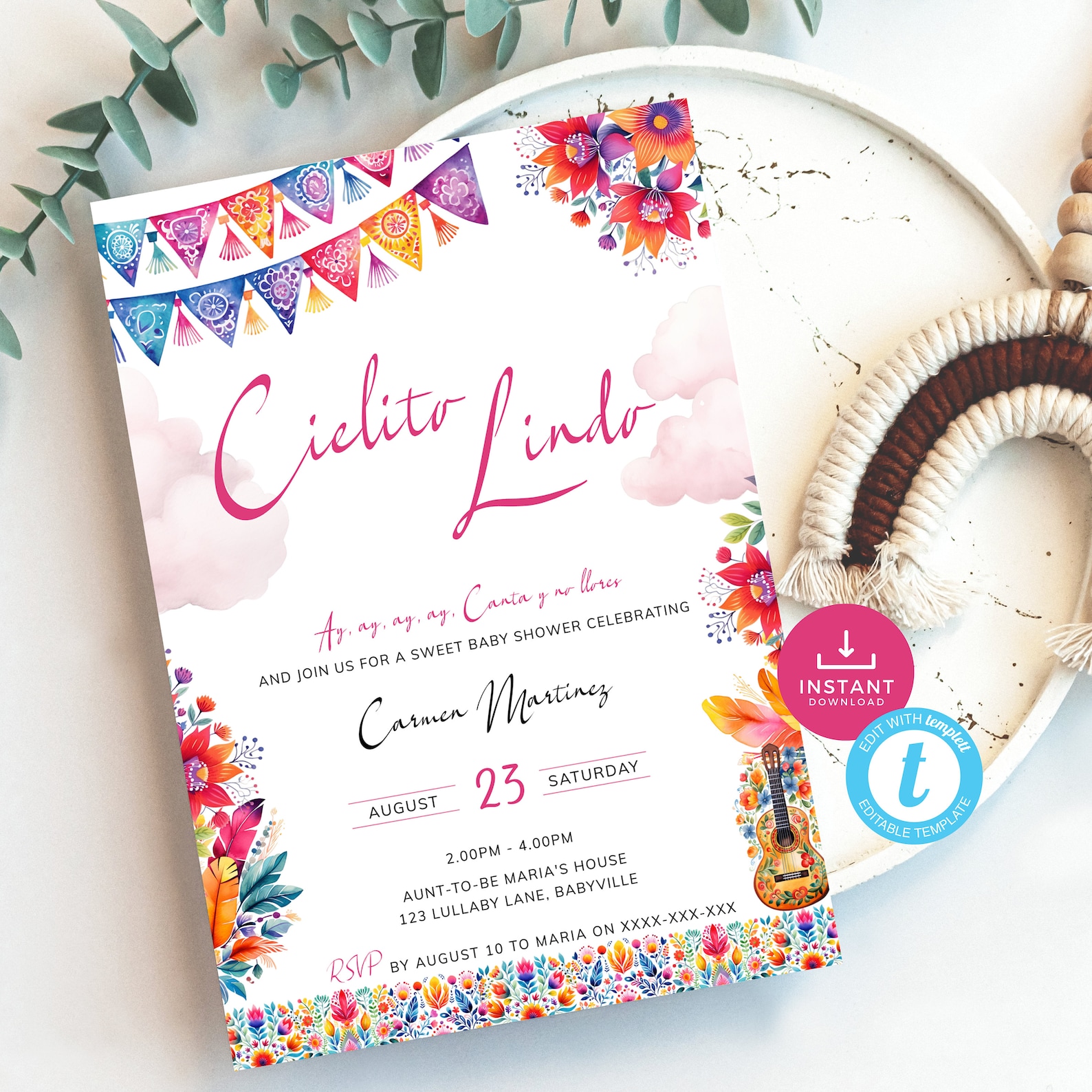 Cielito Lindo Baby Shower Invitations Pink, Mexican Girl Digital Invite ...