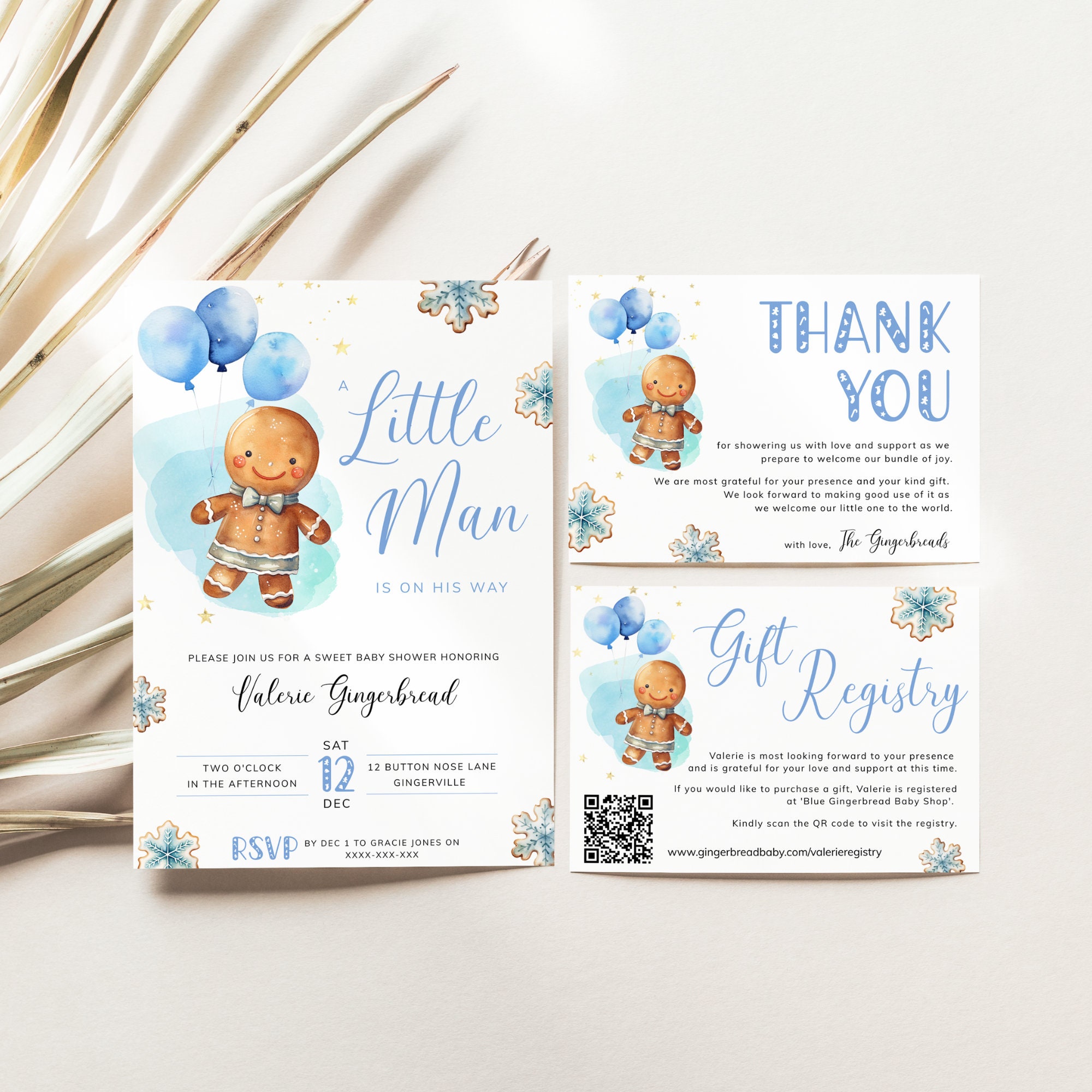 Gingerbread Man Baby Shower Invitation Bundle in Blue for a - Etsy
