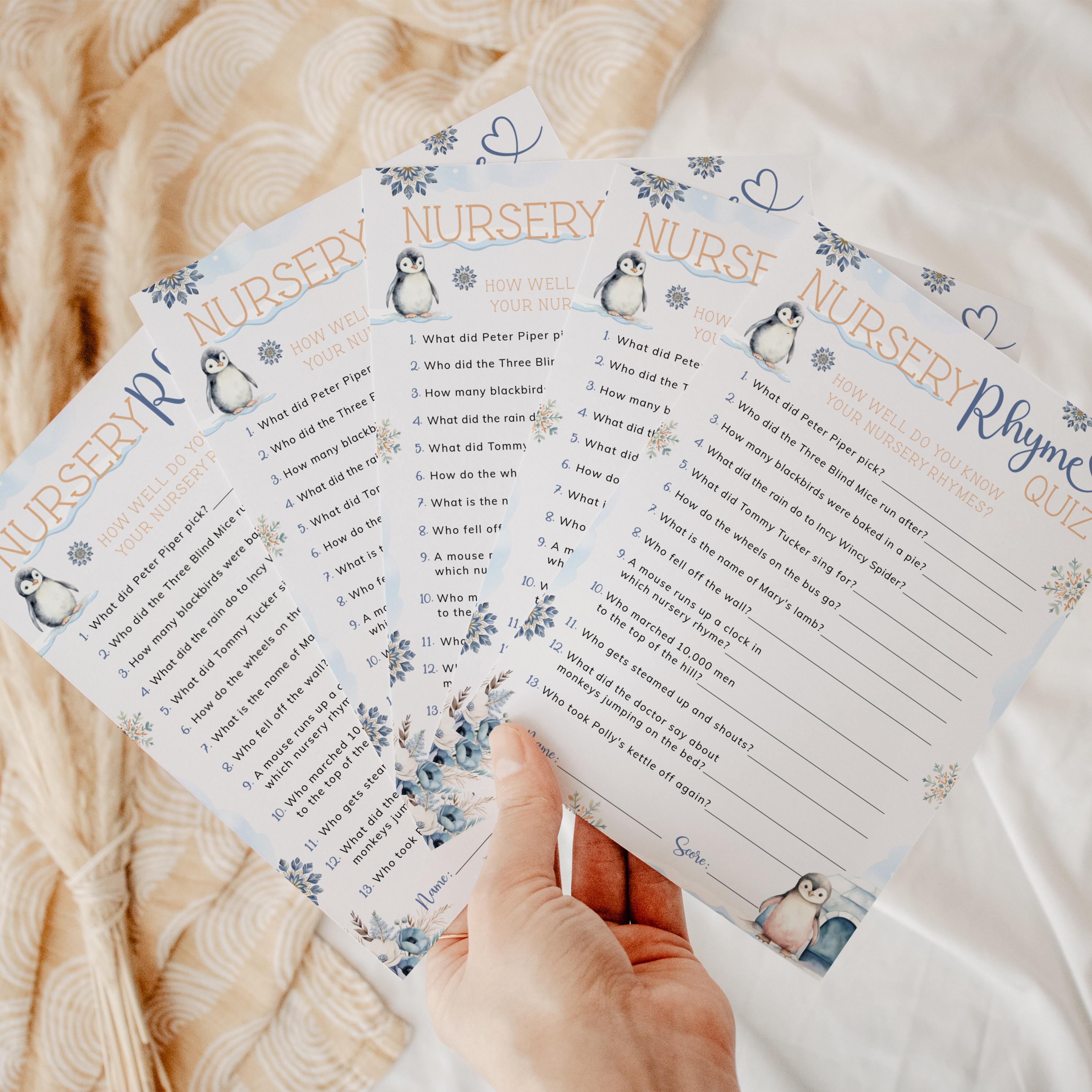 Winter Nursery Rhyme Quiz, Snow in Love Baby Shower Games, Guess the ...