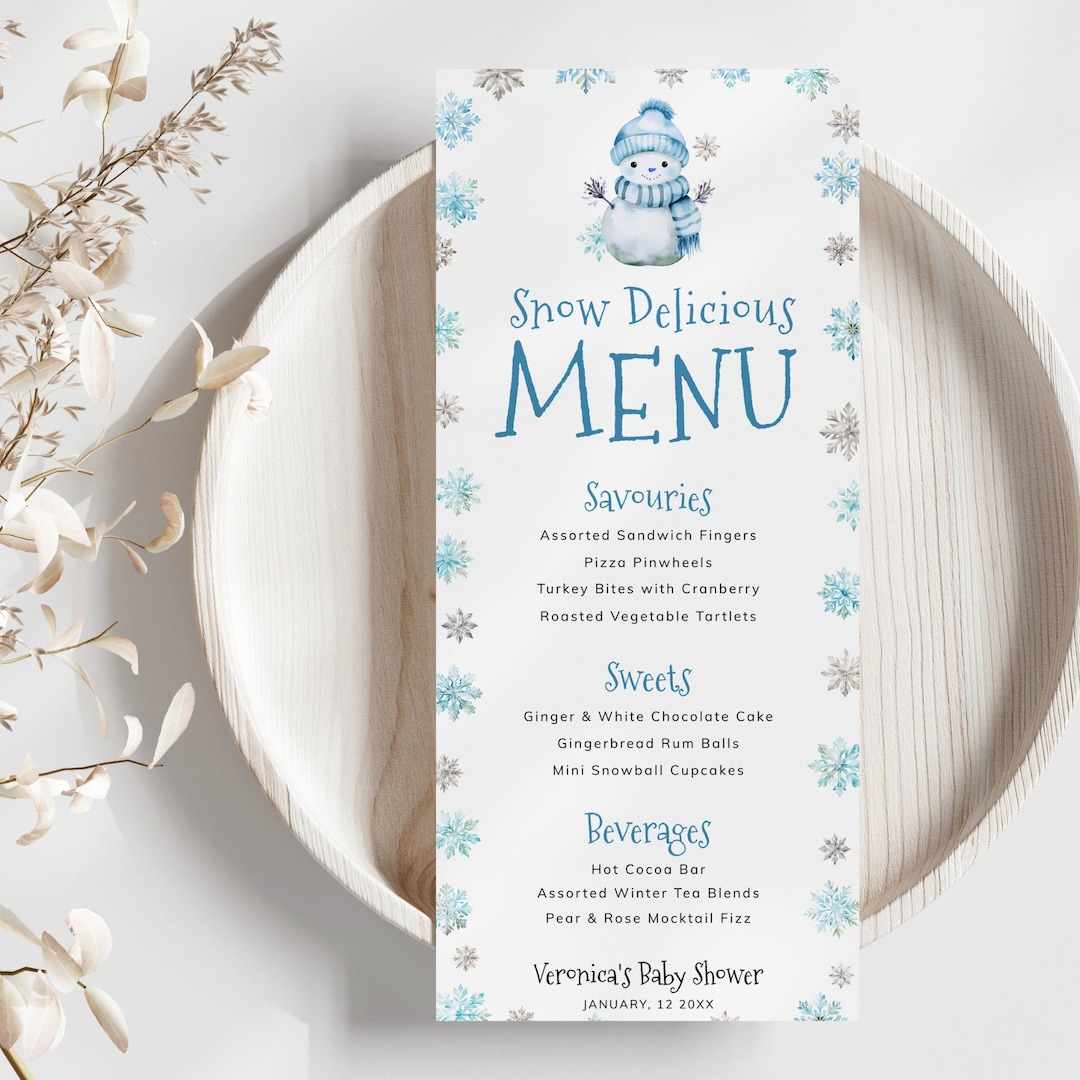 Winter Themed Menu Template, Dusty Blue Snowman Food List, Blue ...