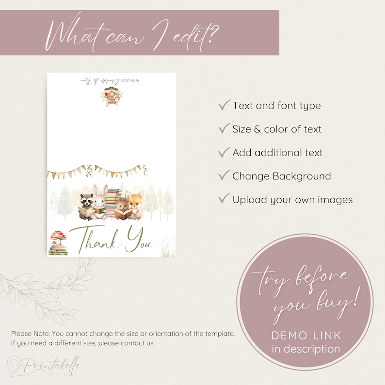 Storybook Themed Thank You Card Tent Fold, Woodland Animals in Forest ...