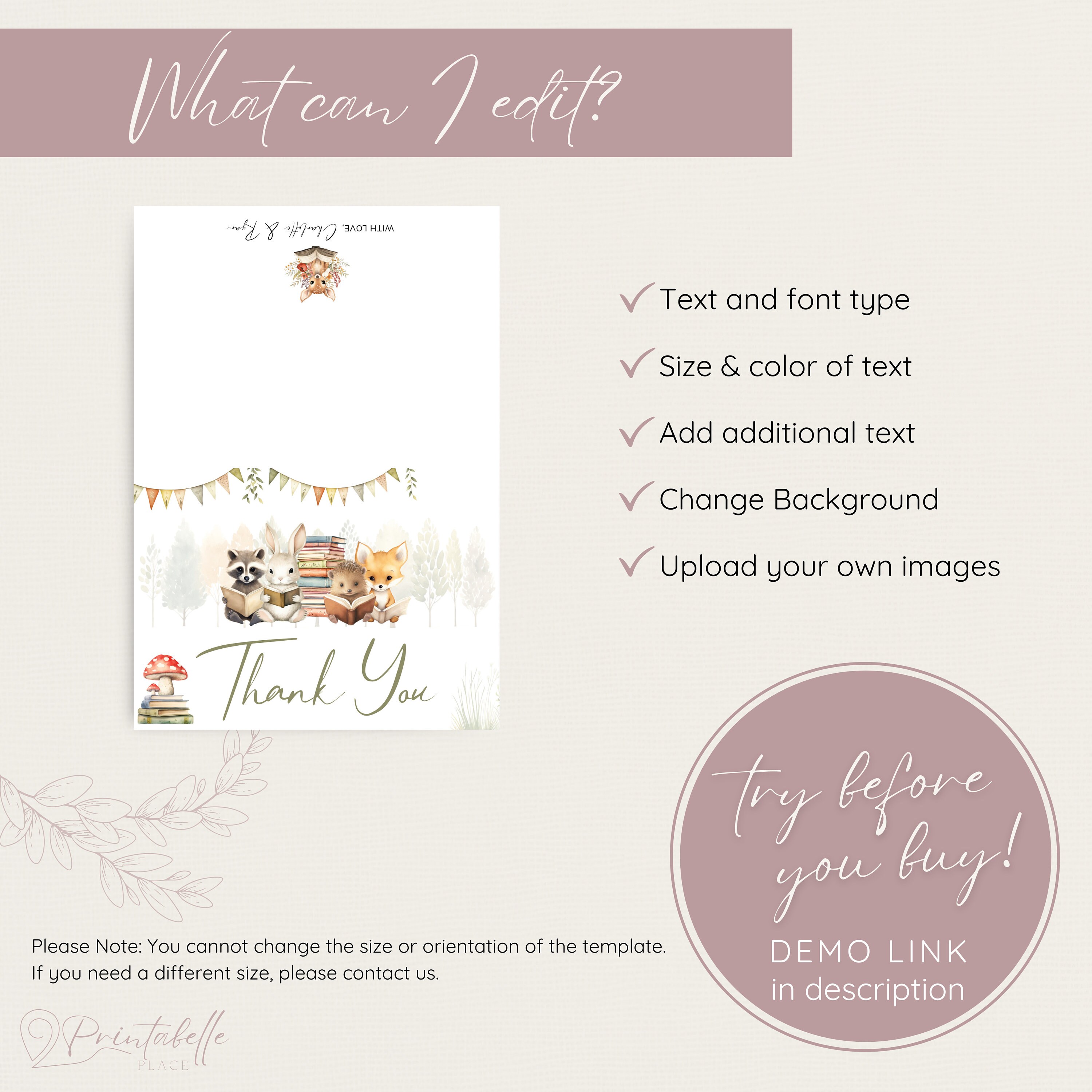 Storybook Themed Thank You Card Tent Fold, Woodland Animals in Forest ...