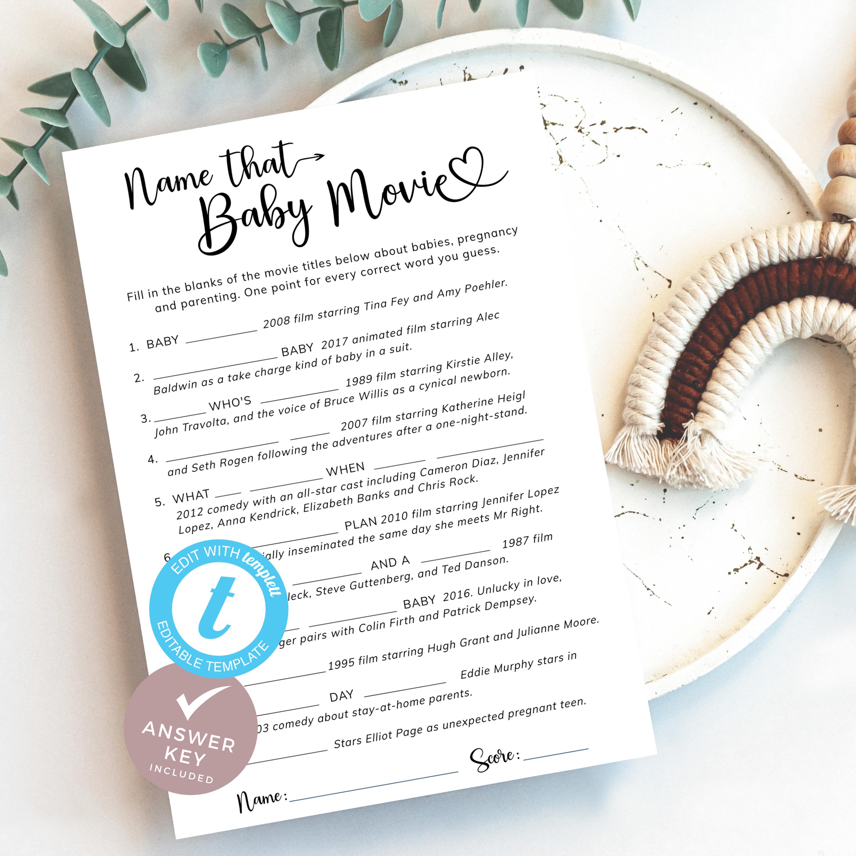 Name That Baby Movie Trivia, Modern Minimalist Baby Shower Game, Guess ...