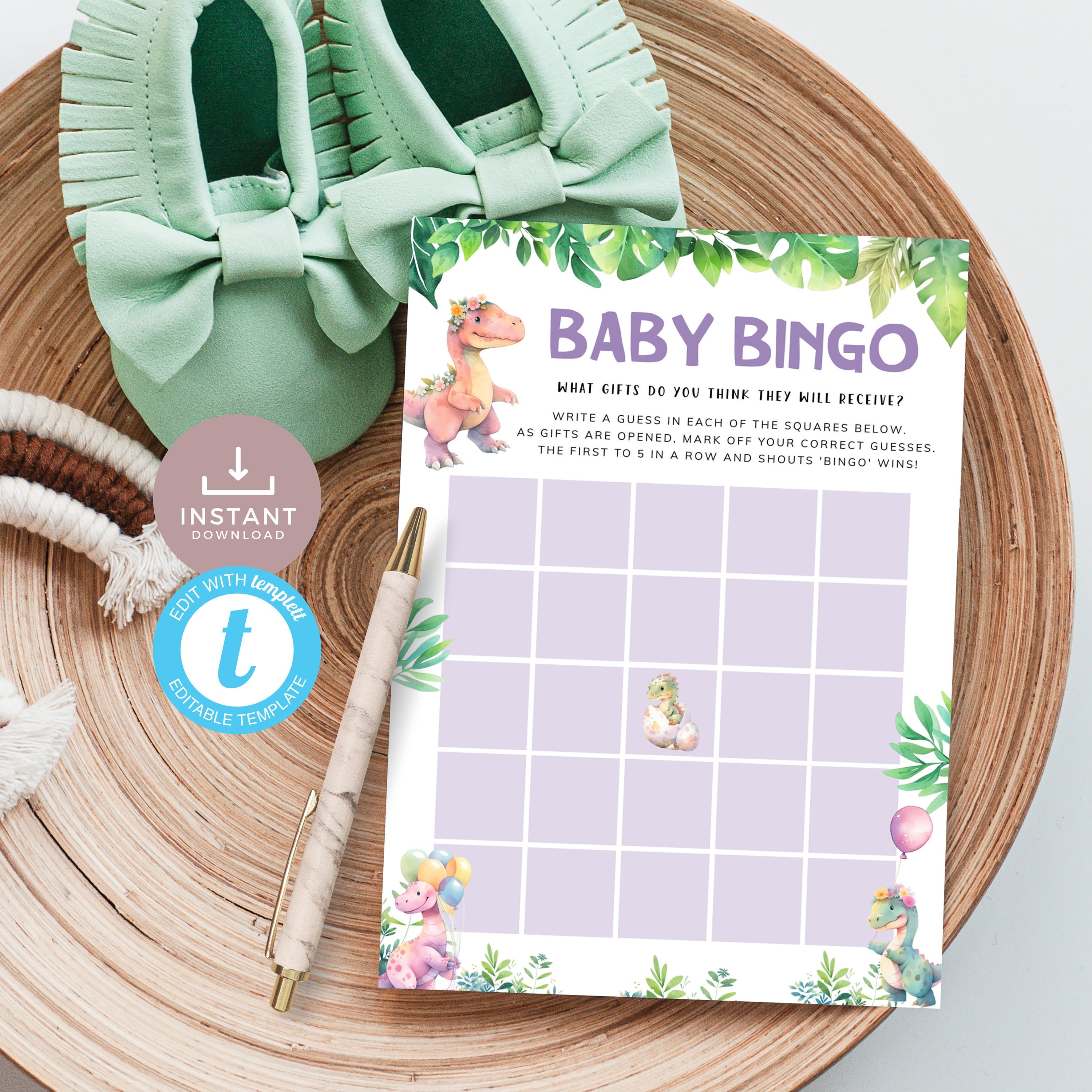 Dinosaur Baby Shower Bingo, Dino Baby Gift Bingo Game, Pink Mamasaurus ...
