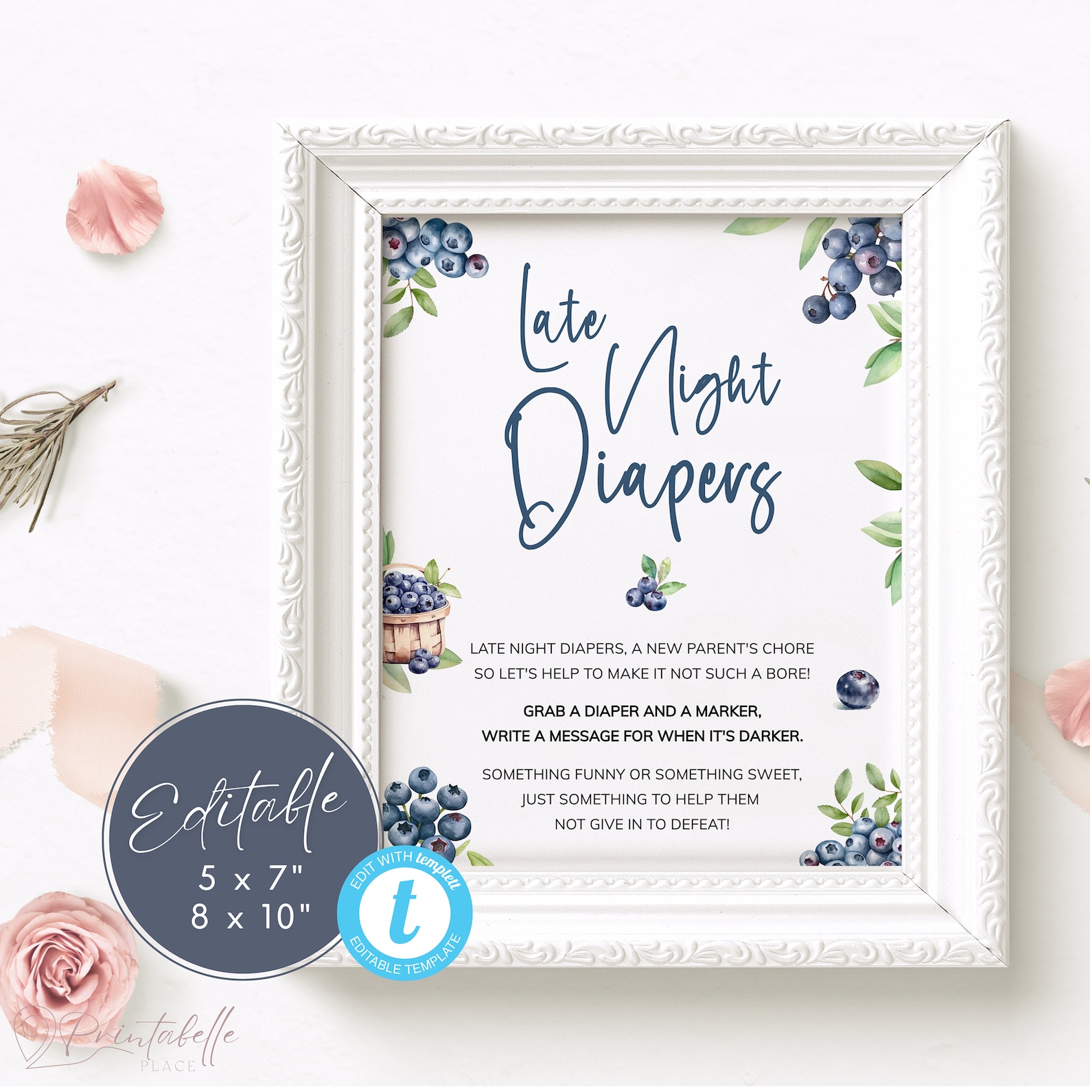 Blueberry Late Night Diapers Sign Template, Berry Sweet Baby Shower ...