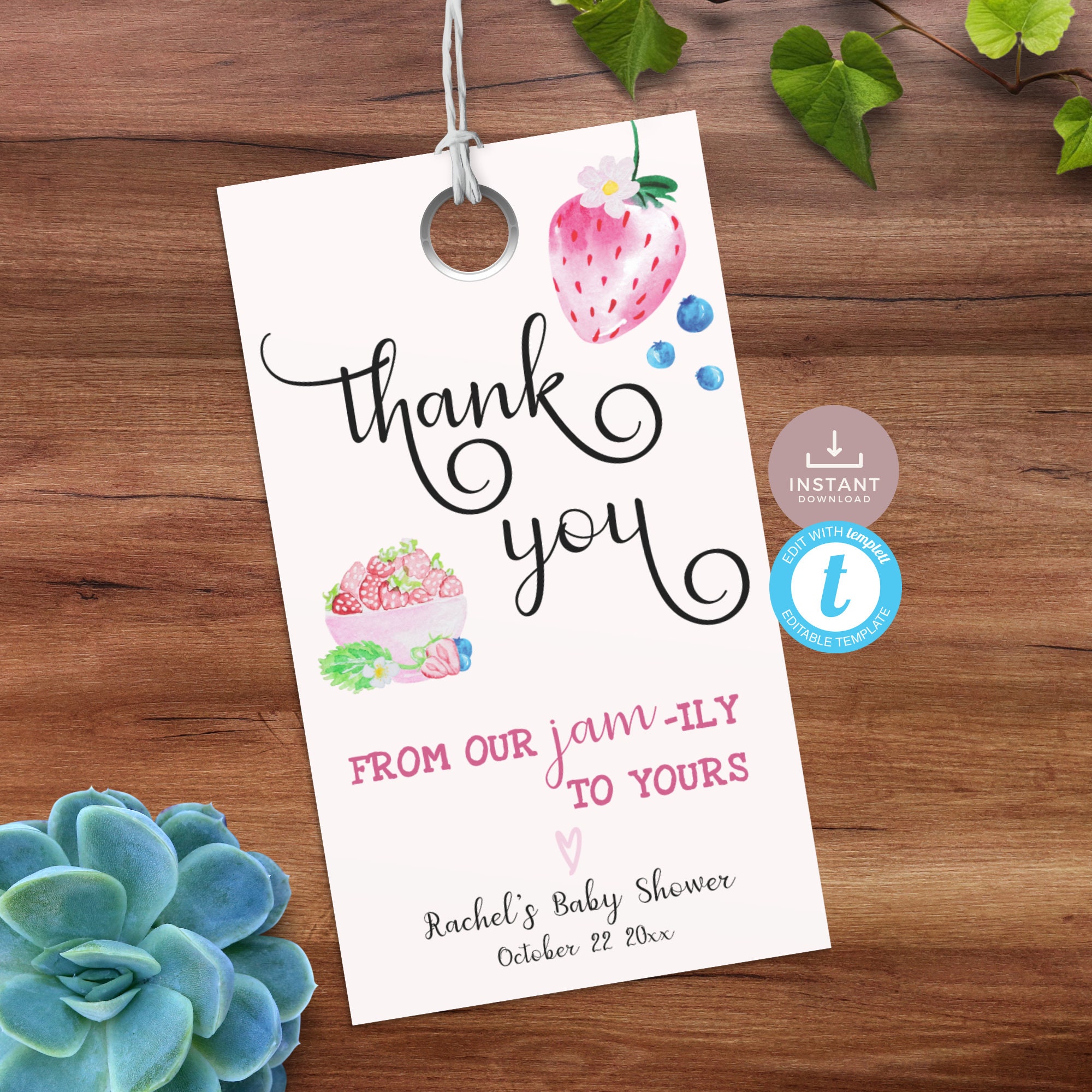 Strawberry Jam Favor Tag: Berry Sweet Thank You Label (editable ...