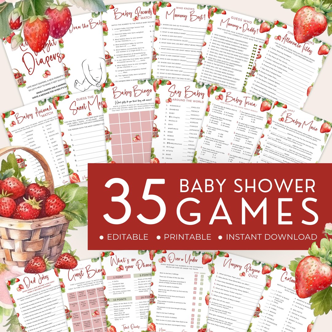 Strawberry Baby Shower Games Bundle, Berry Sweet Baby Girl Activity Set ...
