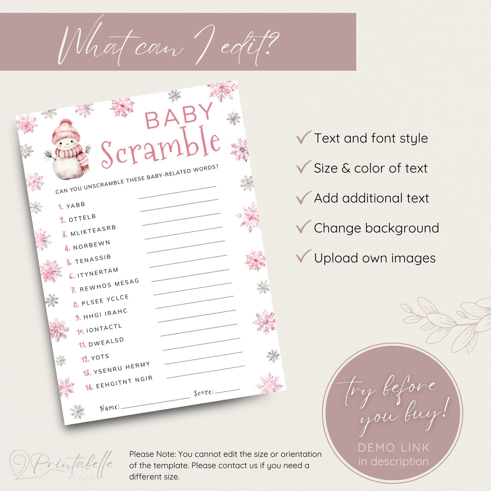 Word Scramble Baby Shower Game Answer Key Included in Pink Winter Theme ...