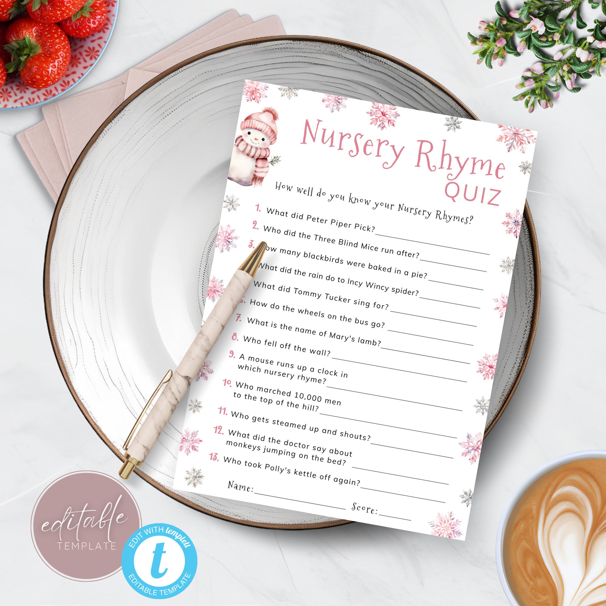 Nursery Rhyme Quiz Editable Template for Girl Pink Winter Wonderland ...