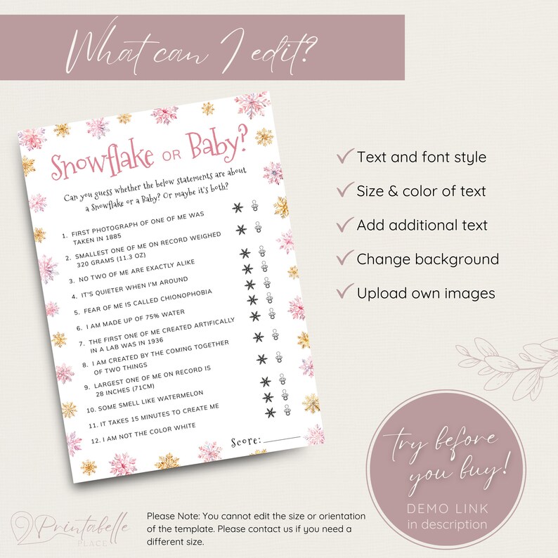 Pink and Gold Snowflake Baby Shower Game, Snowflake or Baby Trivia Quiz ...