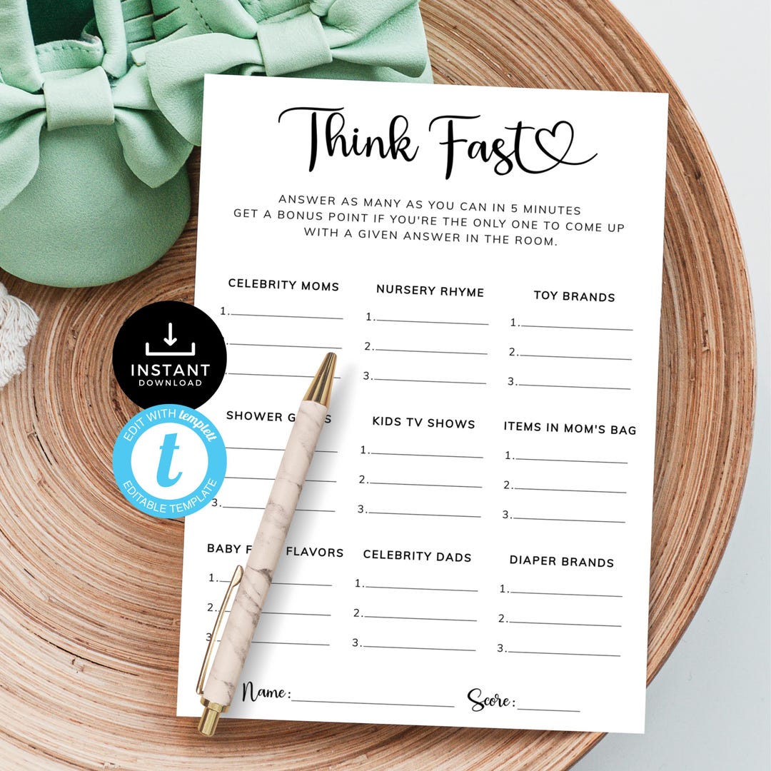 Think Fast Baby Shower Game, Quick Thinking Quiz, Modern Baby Item ...