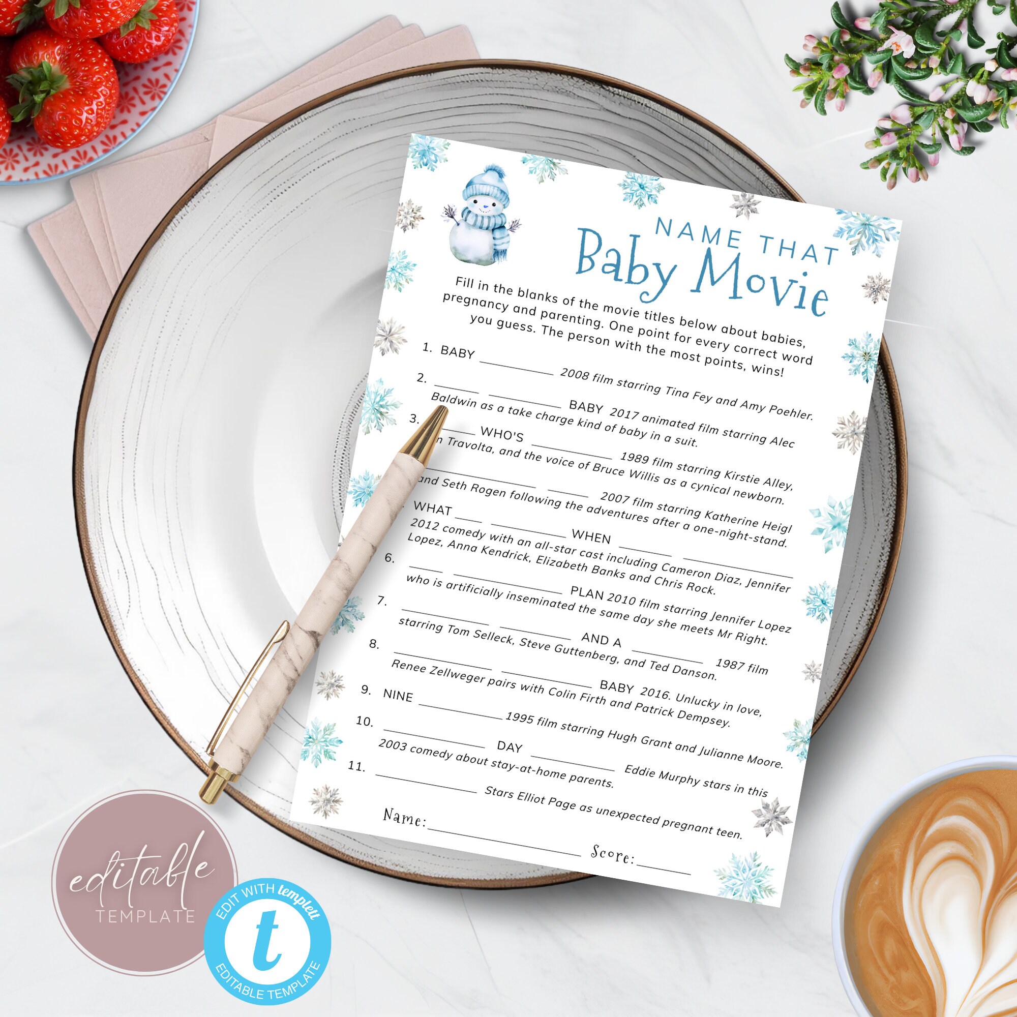 Guess the Baby Movie Baby Shower Game in Dusty Blue Winter We're Snow ...