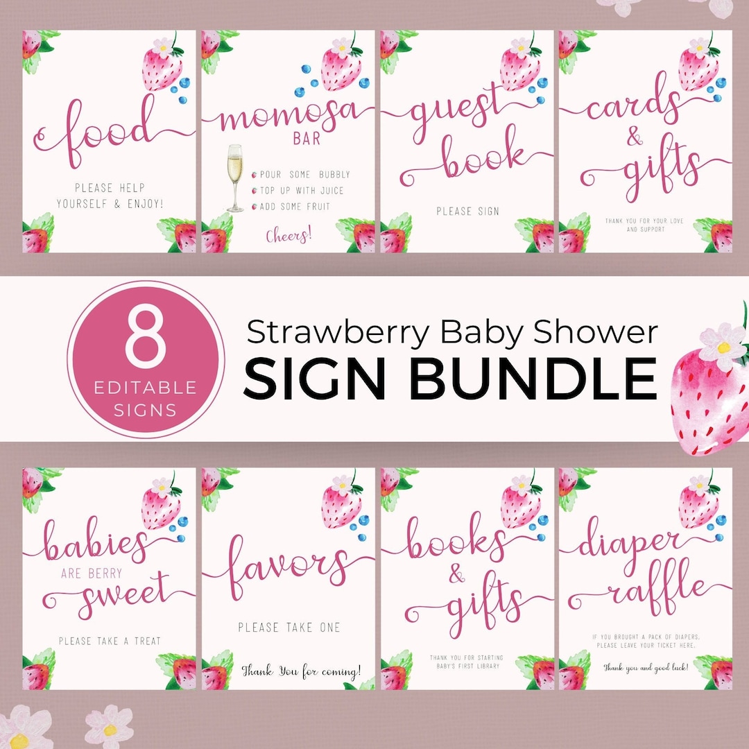 Strawberry Theme Baby Shower Sign Bundle, Berry Sweet Baby is on the ...