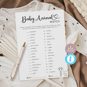 Baby Animal Match Up, Minimal Baby Shower Game, Who is My Mommy Quiz ...