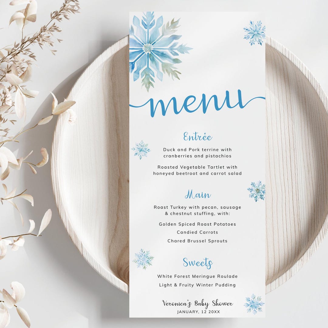 Snowflake Menu Card Template, Blue Winter Wonderland Themed Decor ...