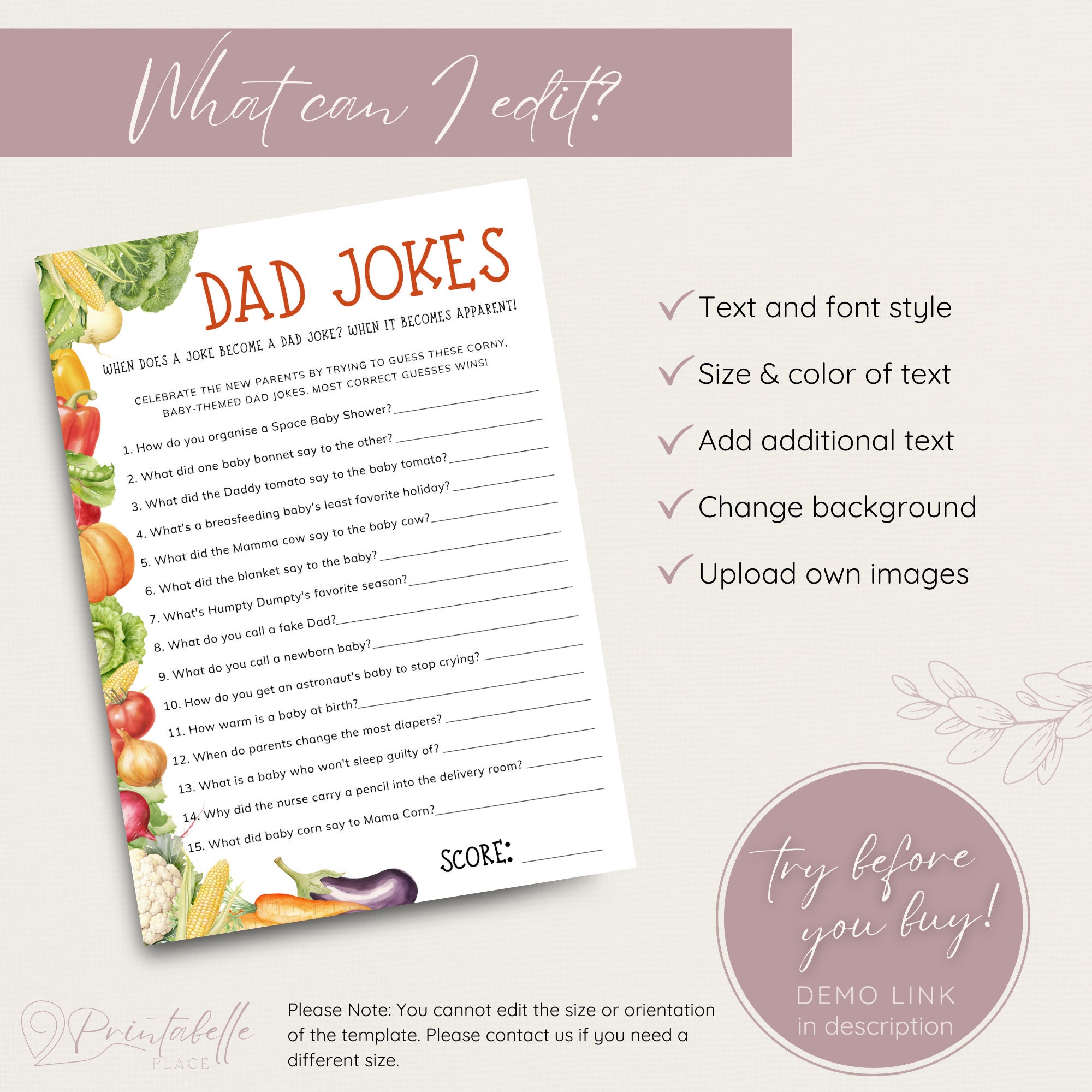 Locally Grown Dad Jokes Trivia Game Template for Farmers Market Baby ...