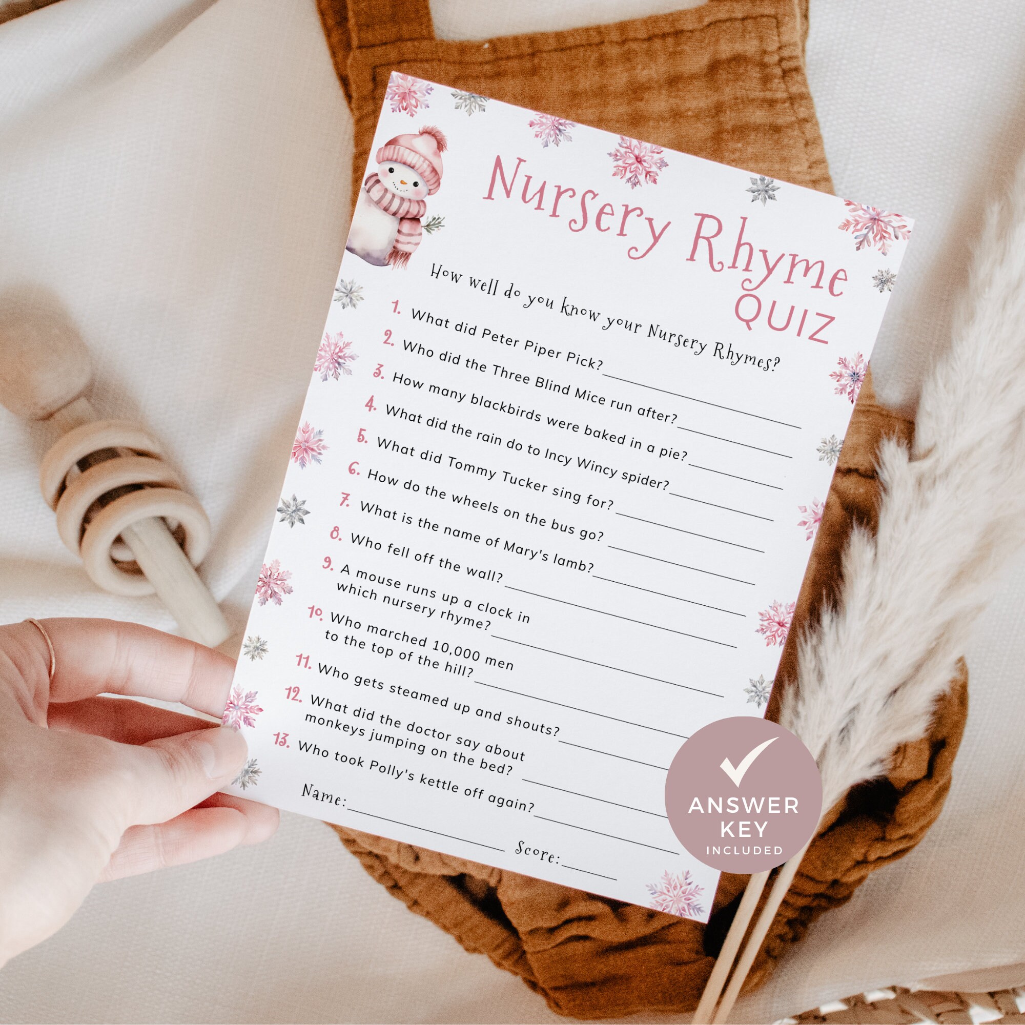 Nursery Rhyme Quiz Editable Template for Girl Pink Winter Wonderland ...