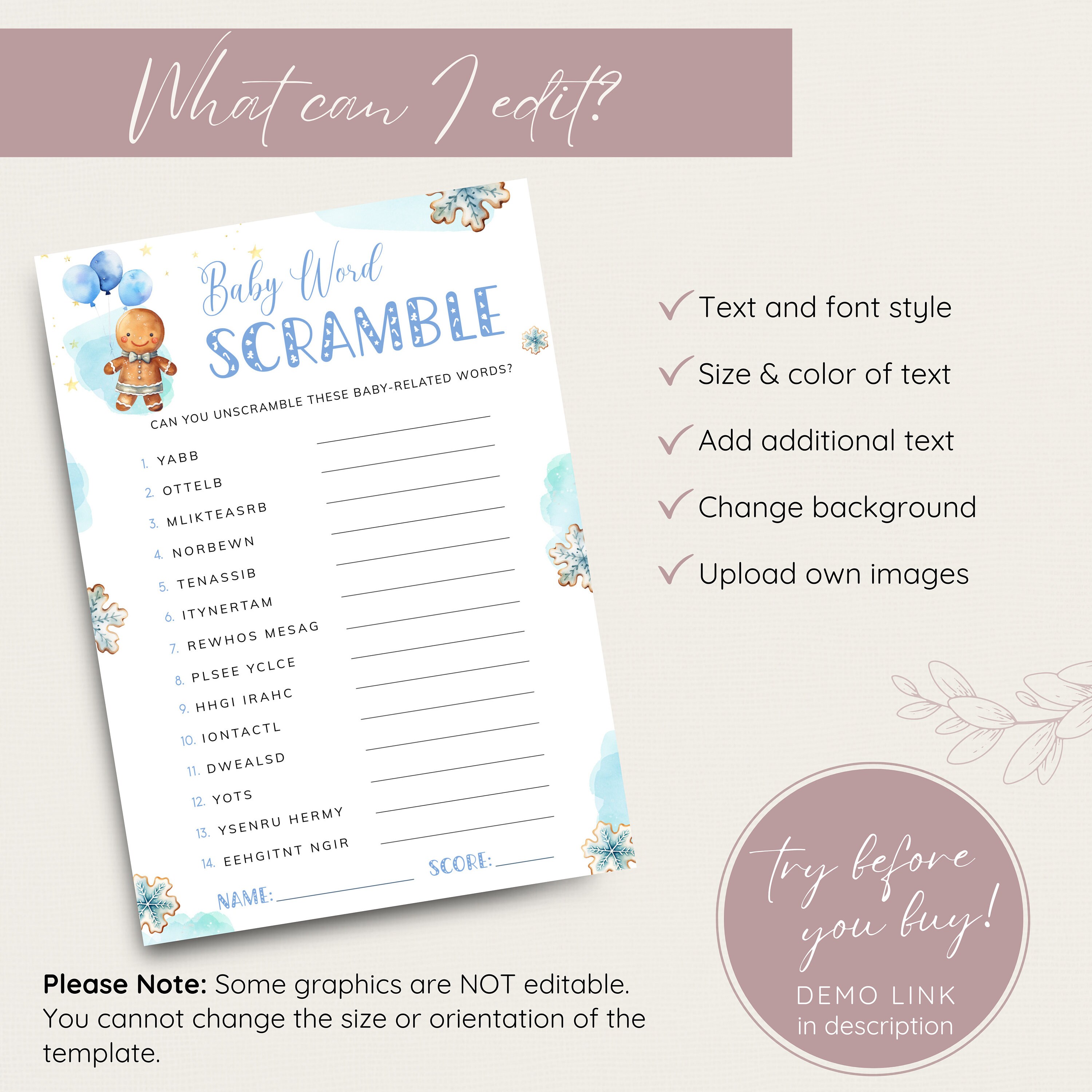 Gingerbread Baby Shower Word Scramble With Answer Key, Blue Christmas ...