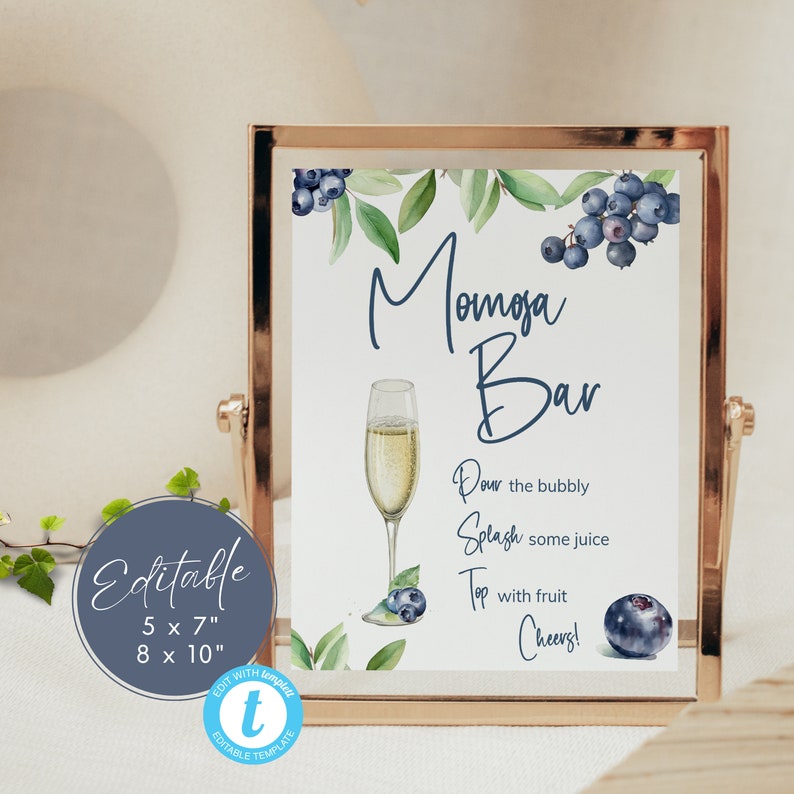 Blueberry Mimosa Bar Sign With Labels Blue, Berry Sweet Baby Shower ...
